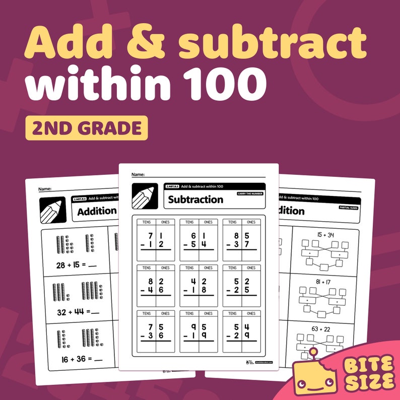 Addition & Subtraction Within 100 Worksheets 2nd Grade Place Value Math ...