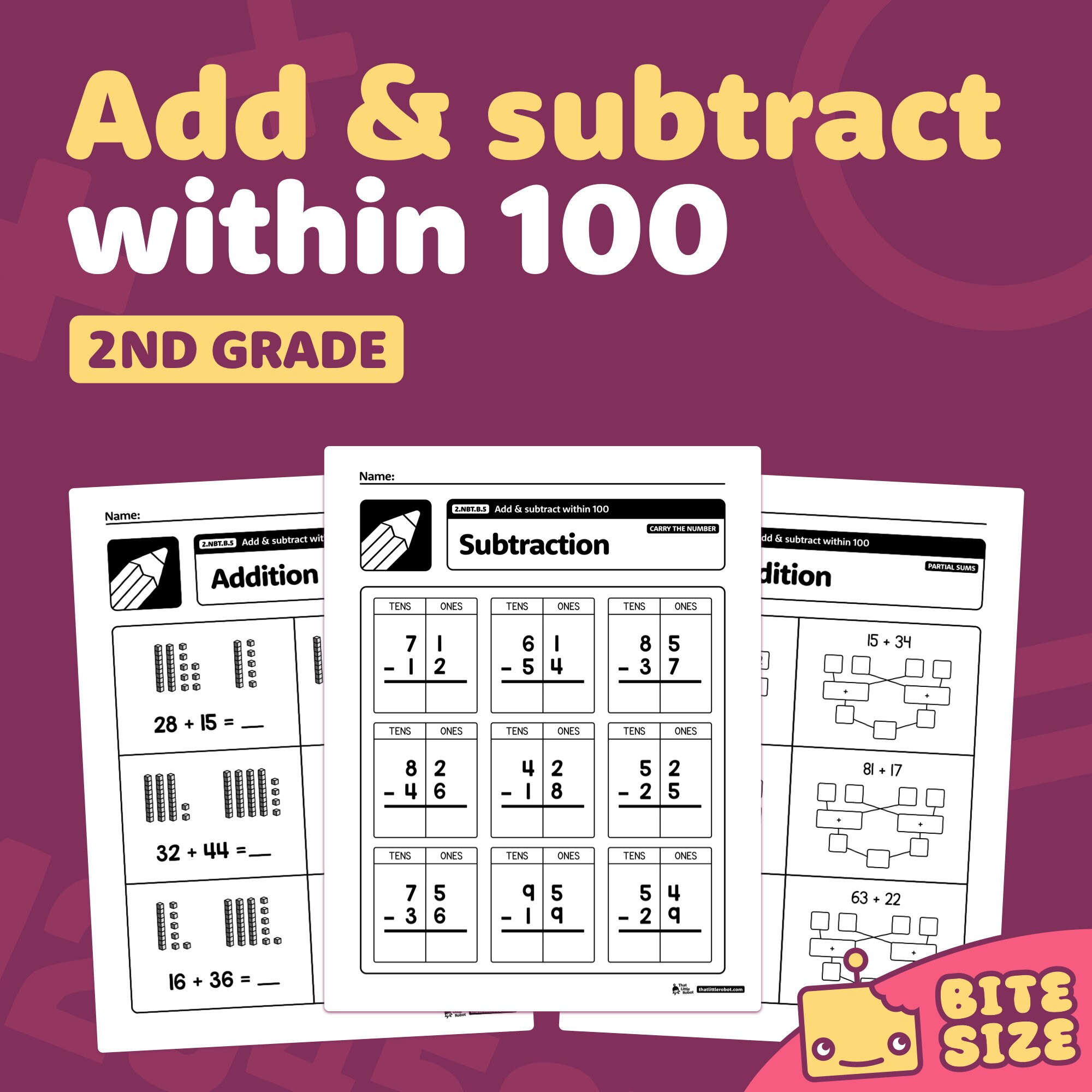 Addition & Subtraction Within 100 Worksheets | 2nd Grade Place Value ...