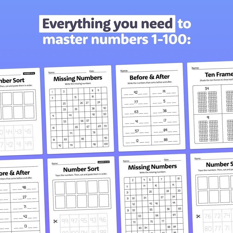 Counting Numbers 1-100 Kindergarten & 1st Grade Number Sense Worksheets ...