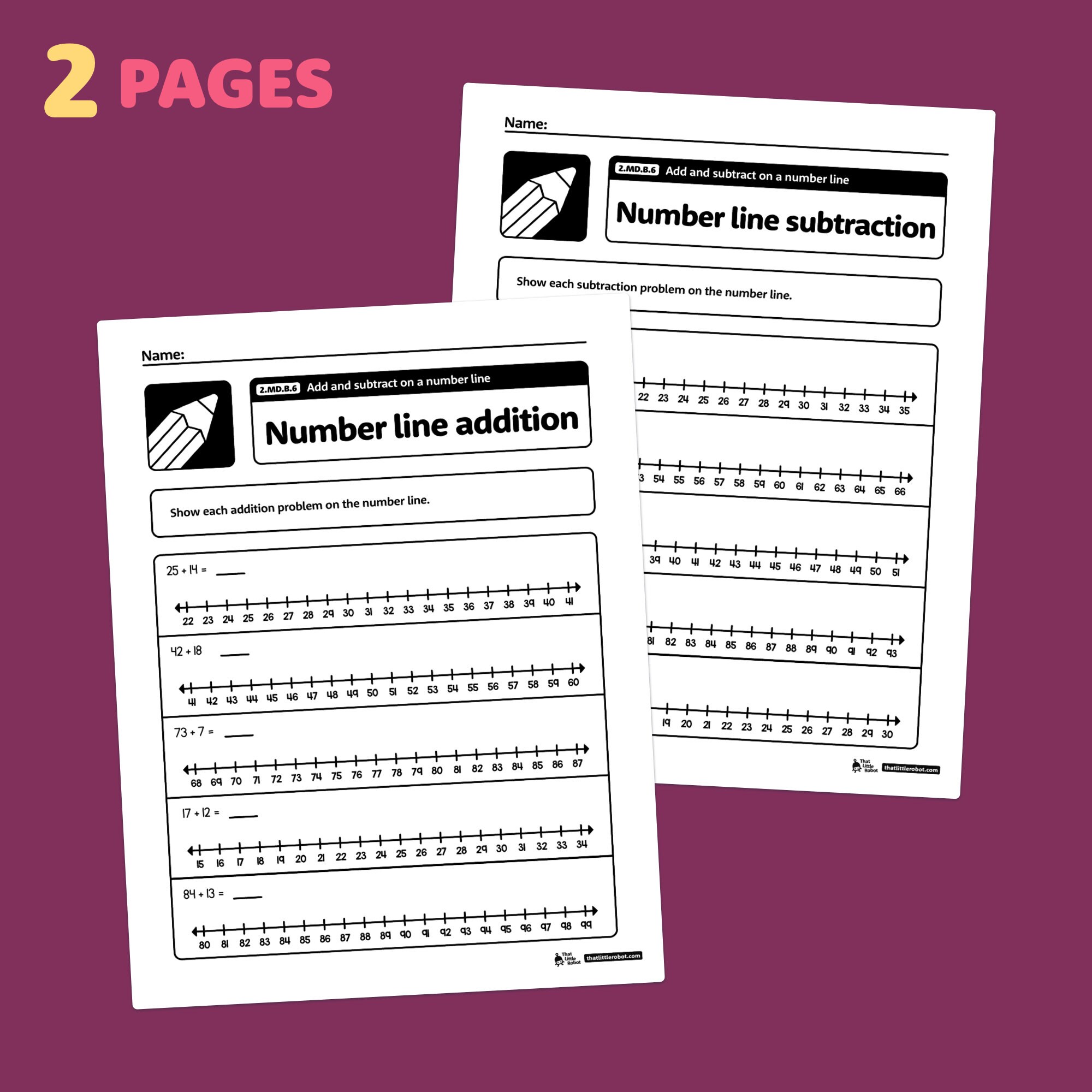 Add & Subtract on a Number Line Worksheets | 2nd Grade Math Centers and ...