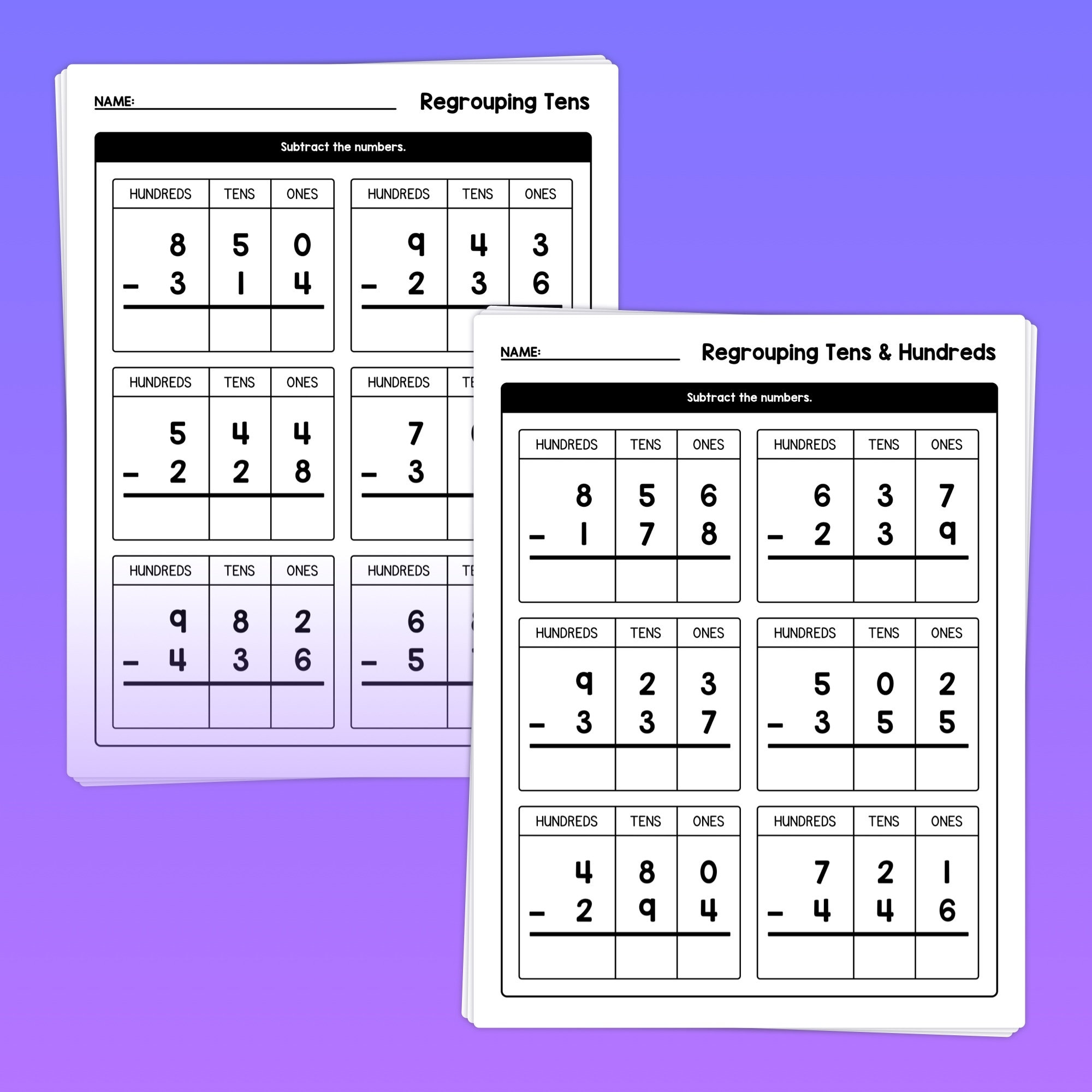 No Prep 3 Digit Subtraction With Regrouping Worksheets | 2nd, 4th, 3rd ...