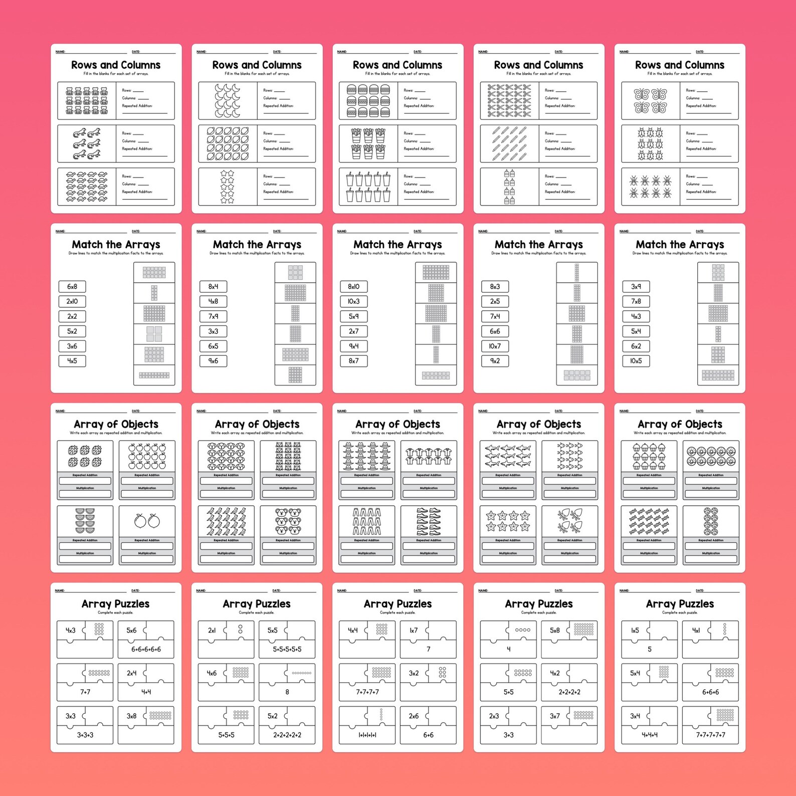 No Prep Arrays Worksheets | Multiplication and Repeated Addition ...