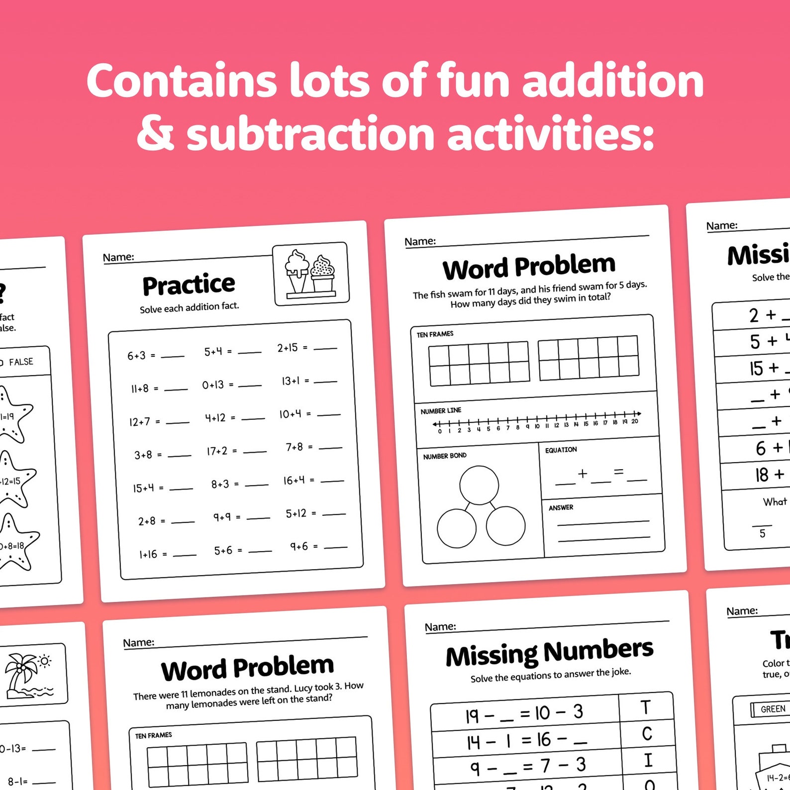 Summer Addition & Subtraction Within 20 Worksheets | Fun 1st Grade ...