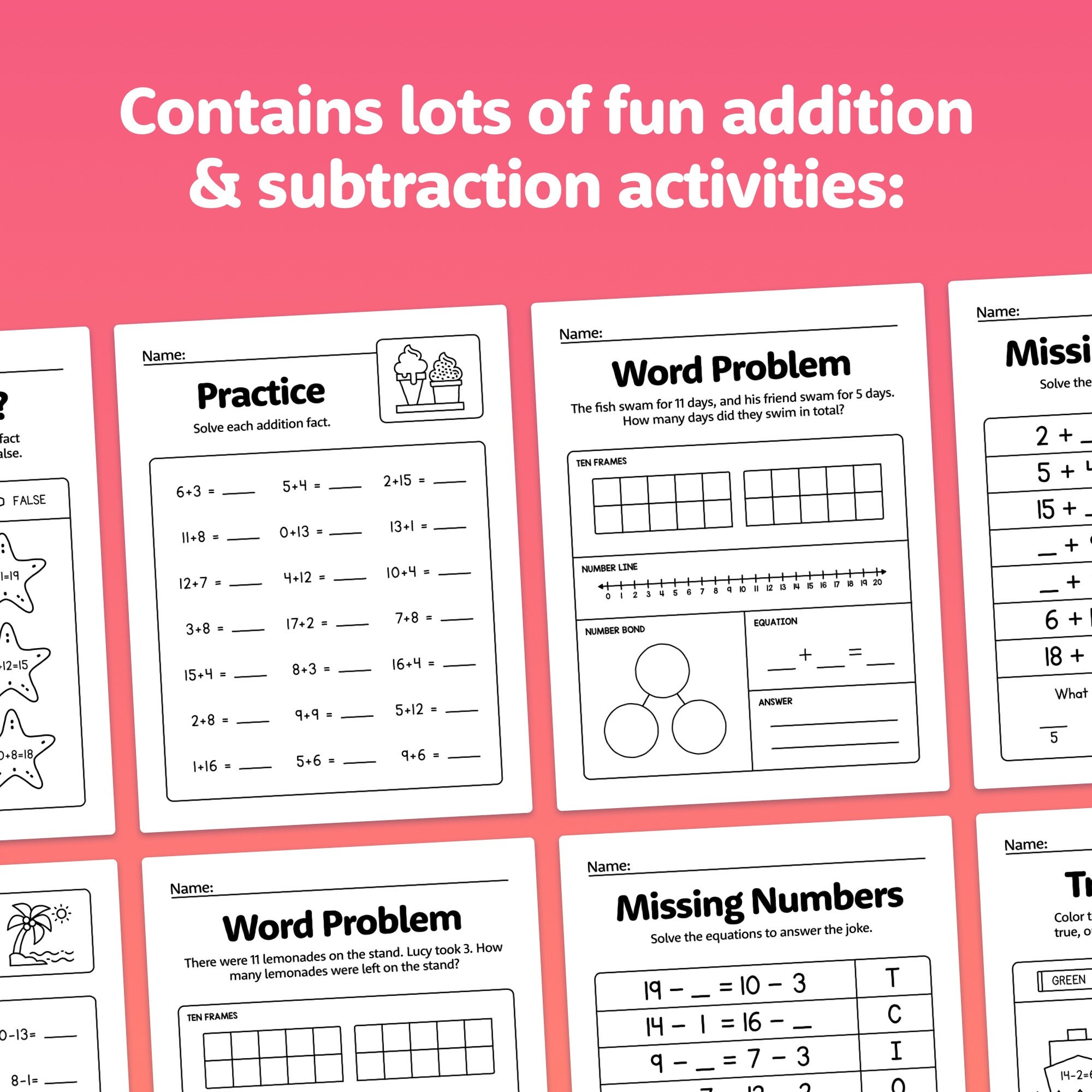 Summer Addition & Subtraction Within 20 Worksheets | Fun 1st Grade ...