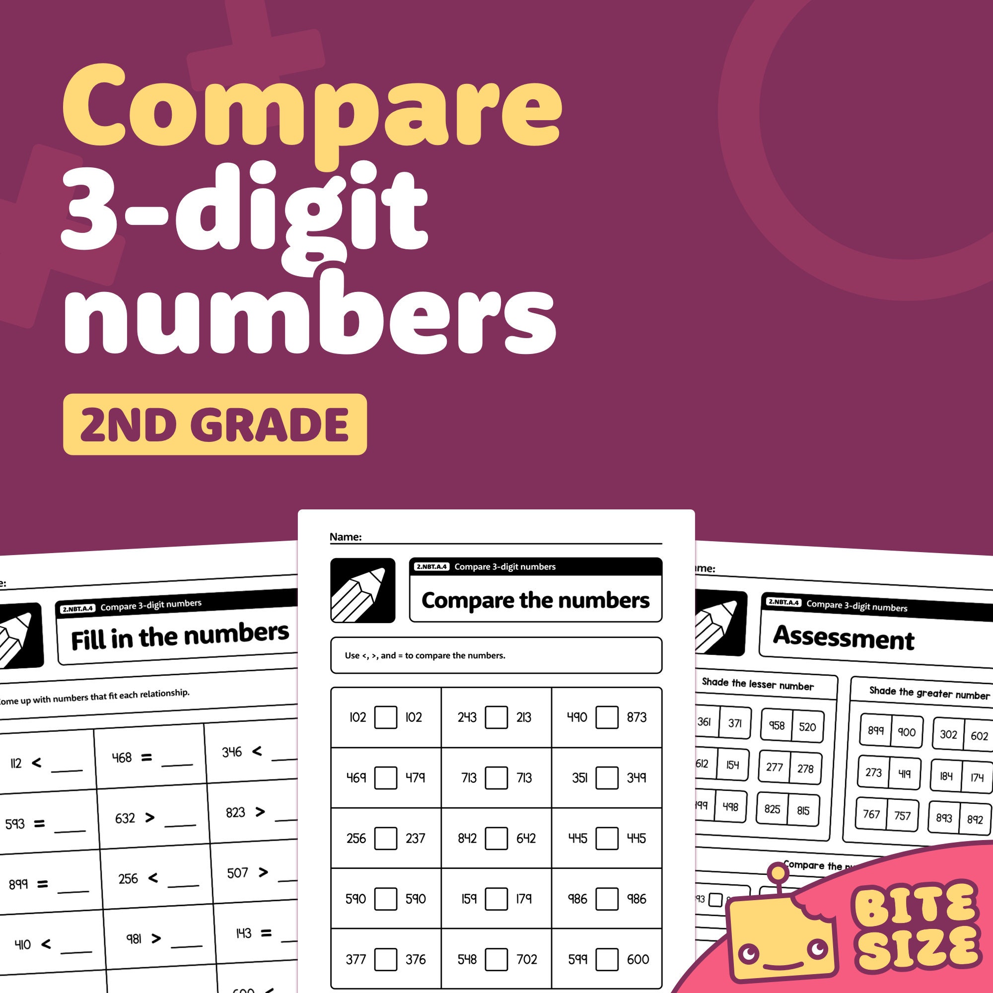 Compare 3 Digit Numbers Worksheets | 2nd Grade Greater, Less, and Equal ...