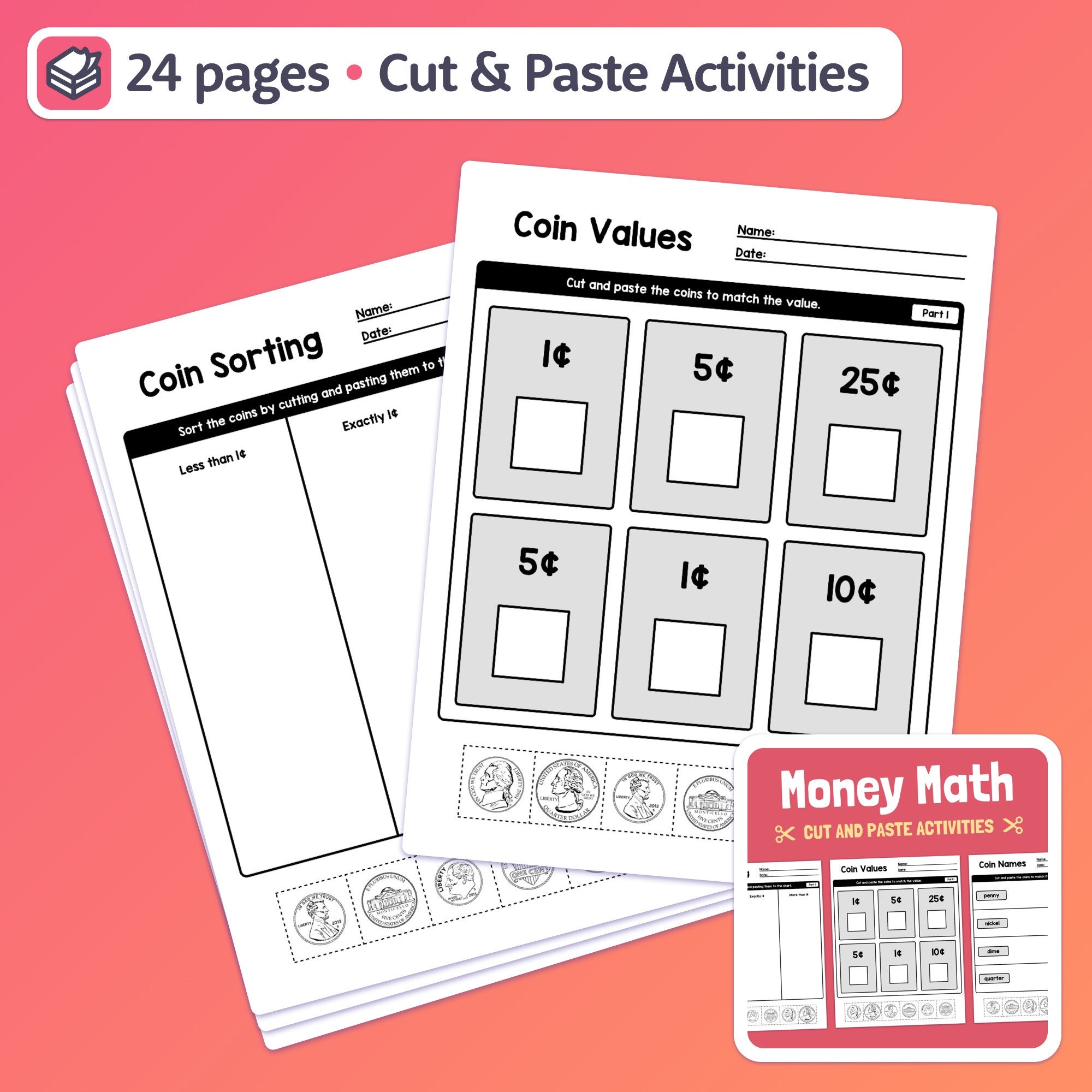 Money Math Bundle Kindergarten, 1st, 2nd Grade US Coin Worksheets ...