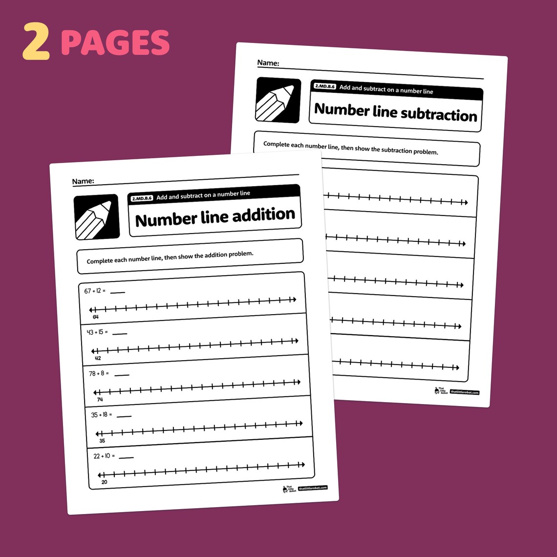 Add & Subtract on a Number Line Worksheets | 2nd Grade Math Centers and ...