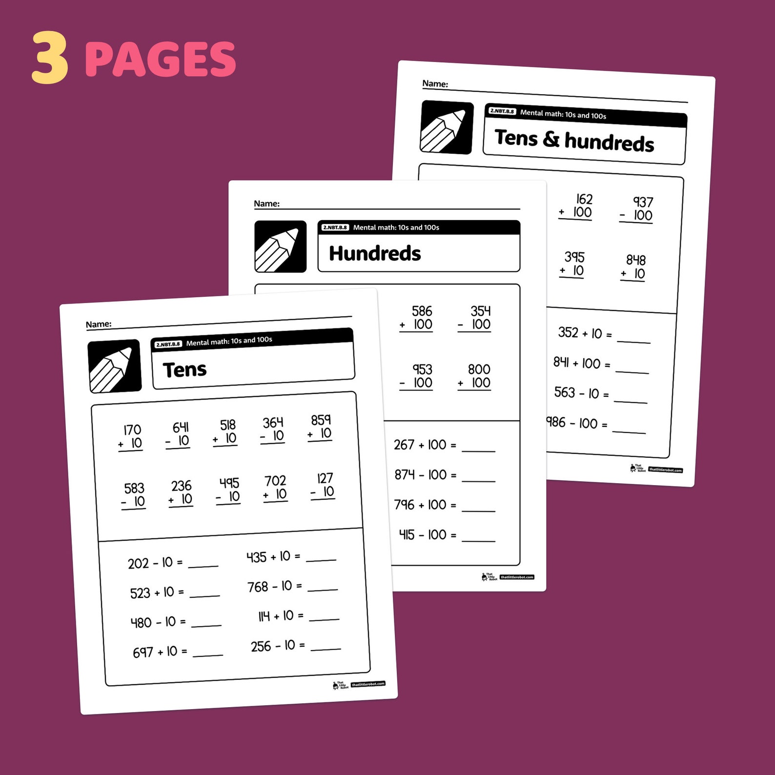 Mental Math, Add and Subtract 10 & 100 Worksheets | 2nd Grade Place ...