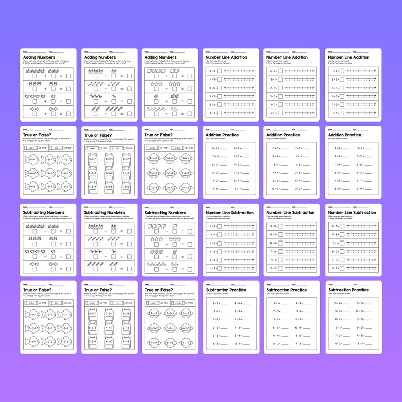 No Prep Kindergarten Addition & Subtraction Worksheets (up to 10 ...