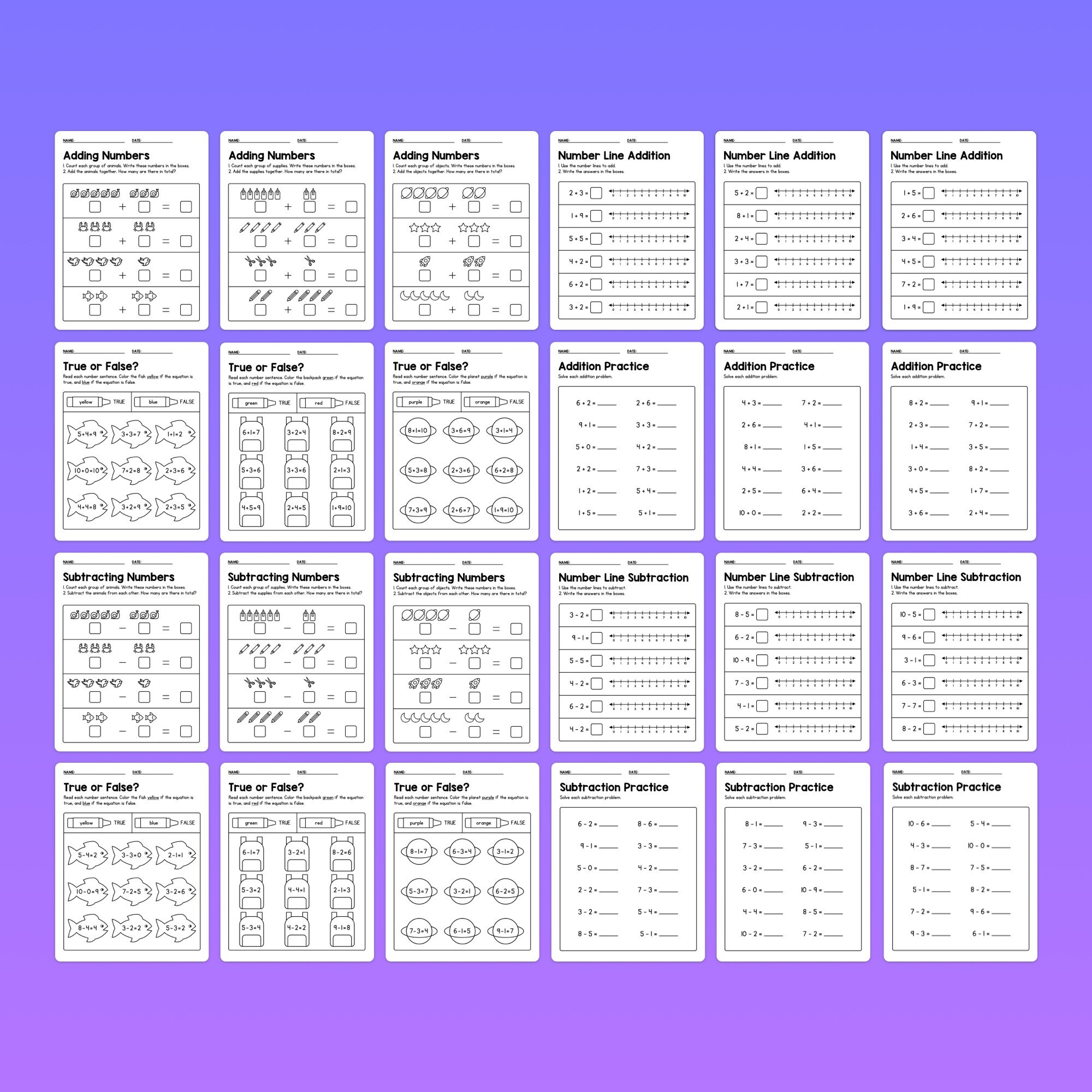 No Prep Kindergarten Addition & Subtraction Worksheets (up to 10 ...