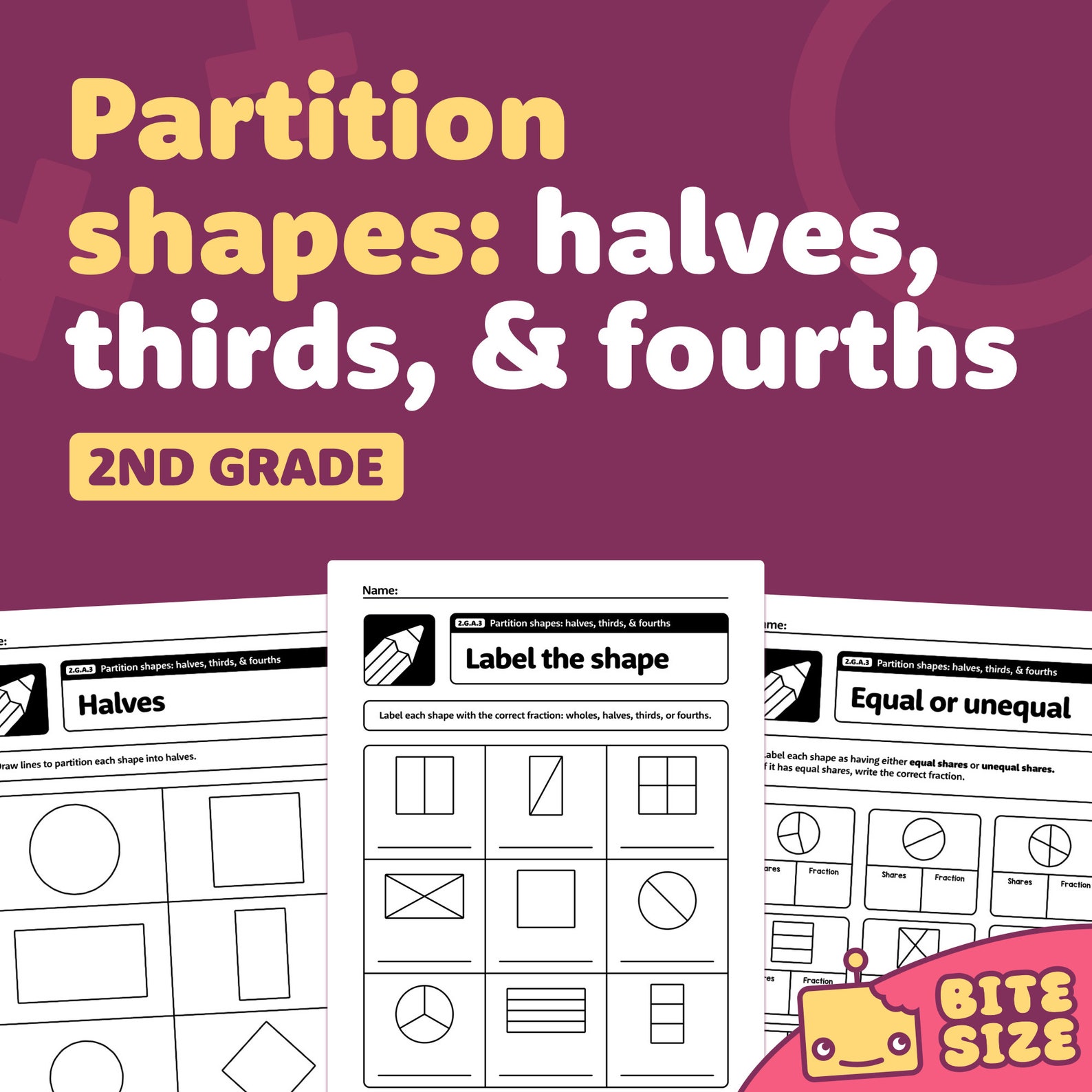 Partition Shapes: Halves Thirds Fourths Worksheets | 2nd Grade Math ...