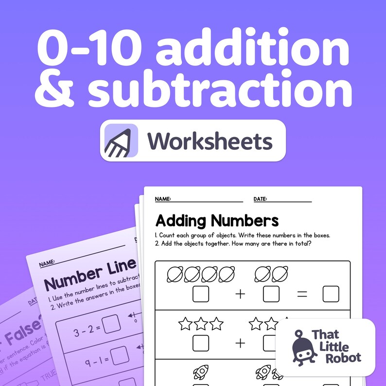 No Prep Kindergarten Addition & Subtraction Worksheets (up to 10 ...