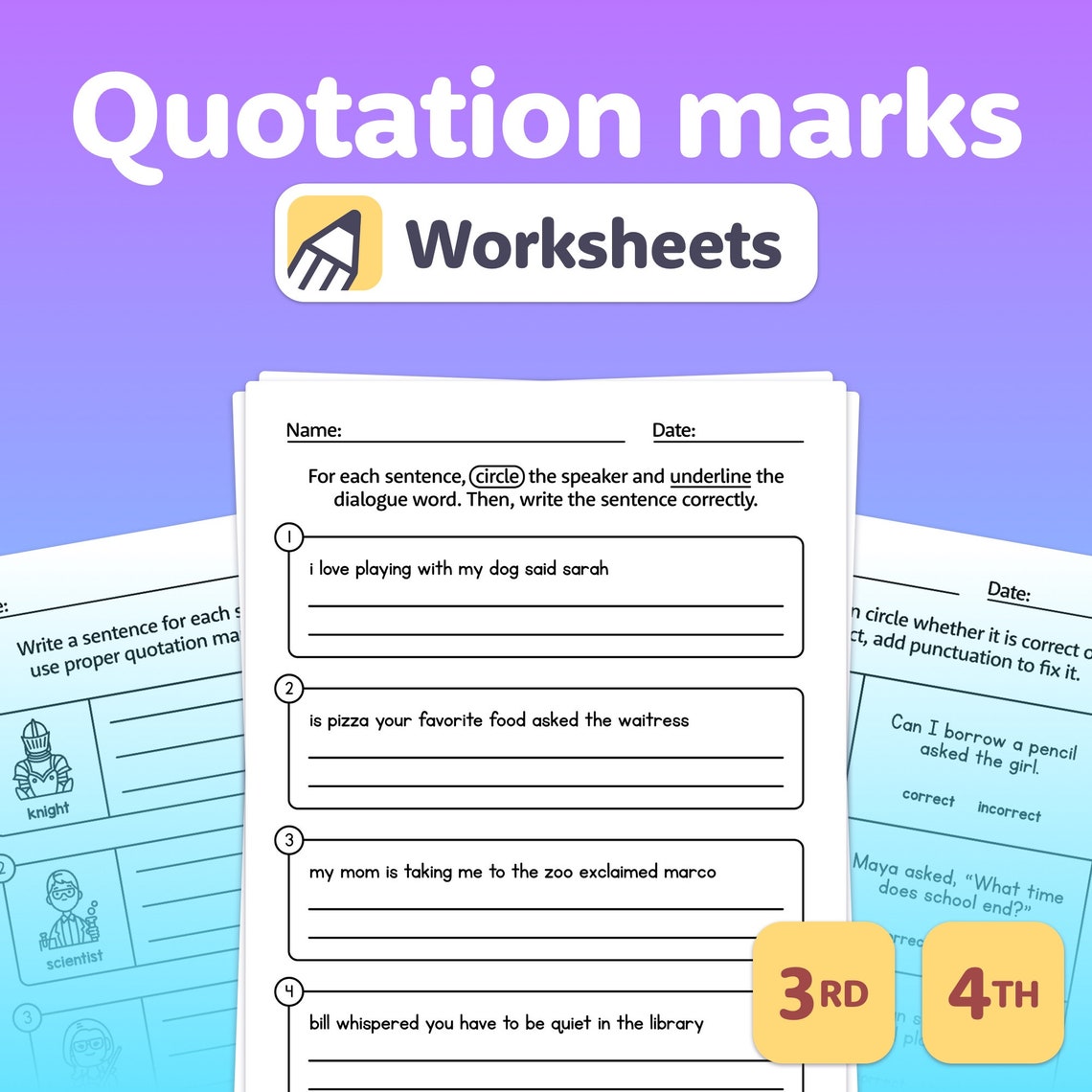No Prep Quotation Marks Worksheets Dialogue Worksheets 3rd & 4th Grade ...
