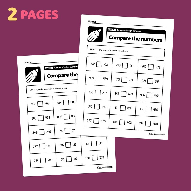 Compare 3 Digit Numbers Worksheets | 2nd Grade Greater, Less, and Equal ...