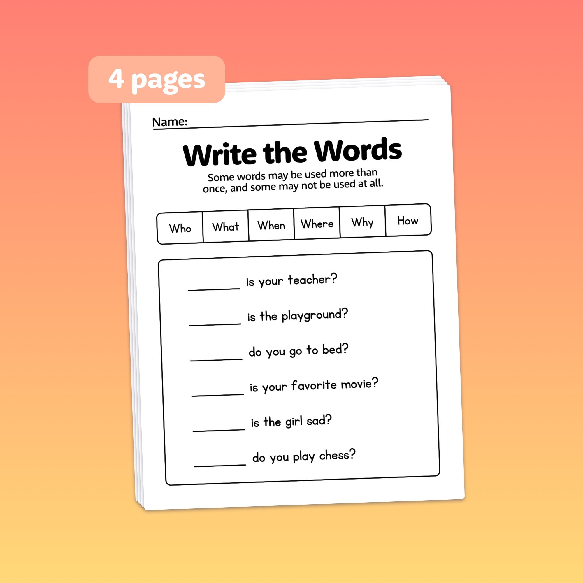 No Prep Question Words Worksheets | Kindergarten, 1st, & 2nd Grade ...