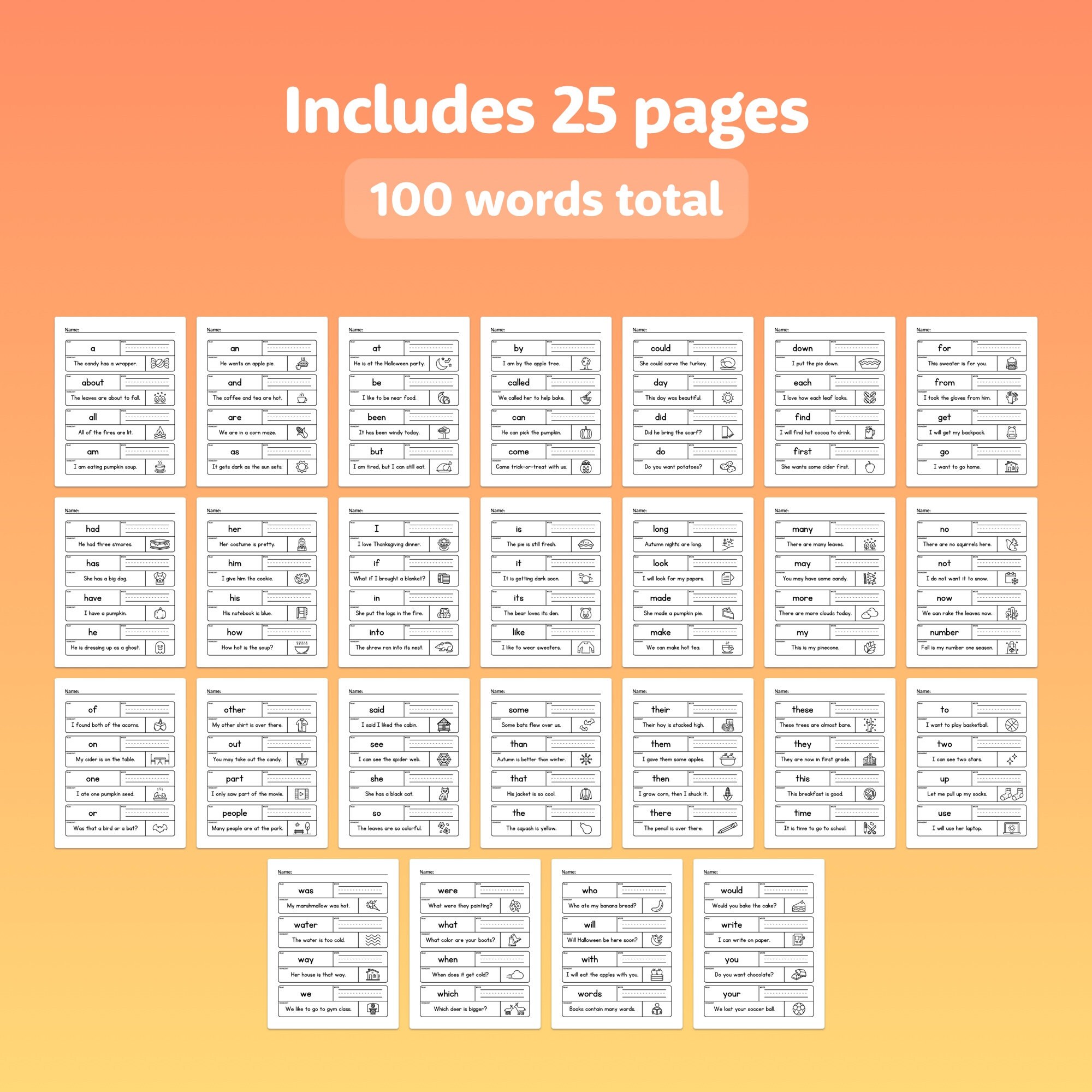 Autumn Sight Words Worksheets Thanksgiving & Fall ELA Vocabulary Review ...