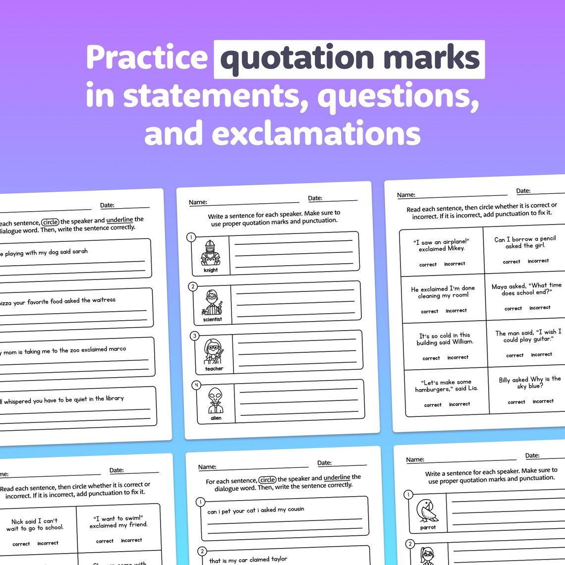 No Prep Quotation Marks Worksheets Dialogue Worksheets 3rd & 4th Grade ...