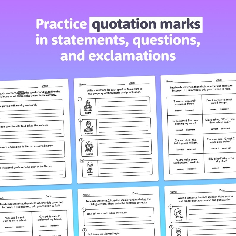 No Prep Quotation Marks Worksheets | Dialogue Worksheets | 3rd & 4th ...