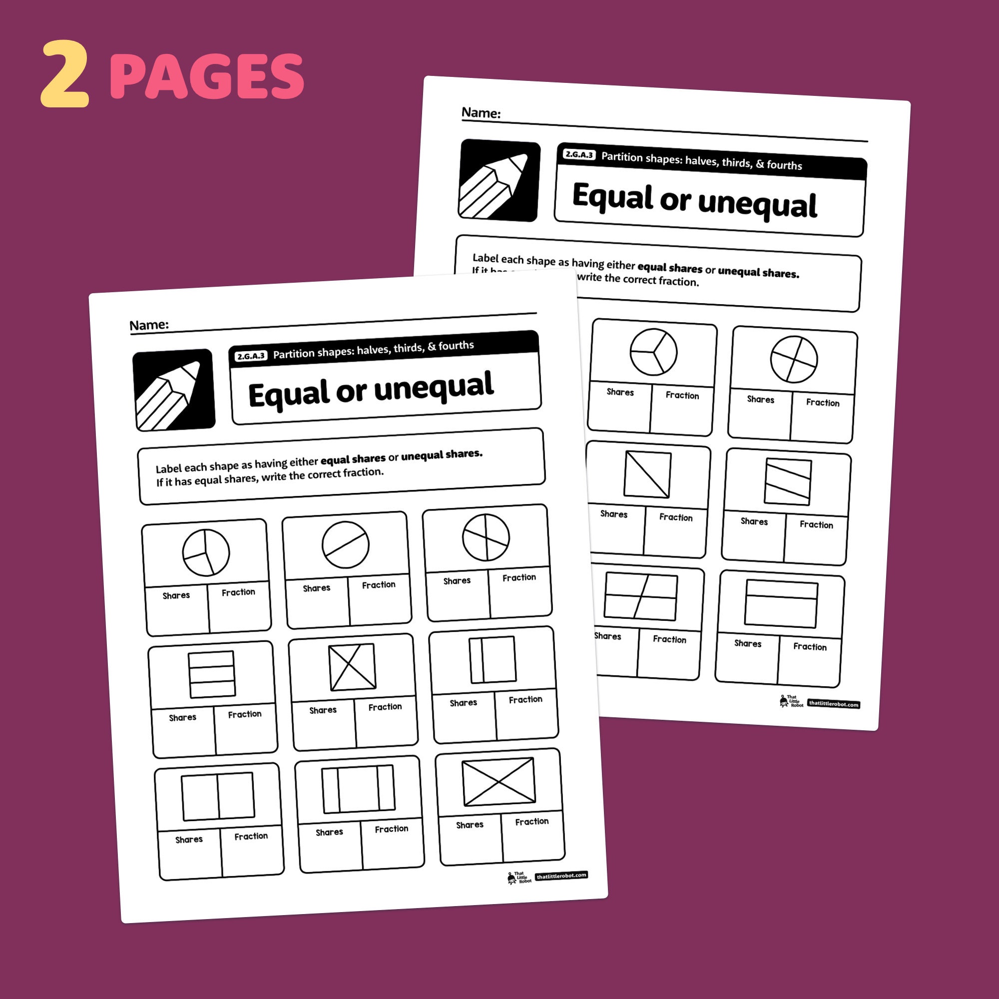Partition Shapes: Halves Thirds Fourths Worksheets | 2nd Grade Math ...