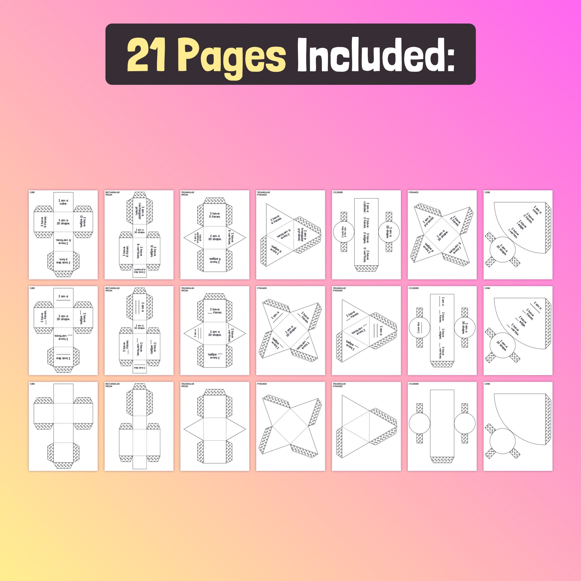 3D Shape Nets Activity | 4th, 5th, 6th Grade Cutout 3D Shapes Craft ...