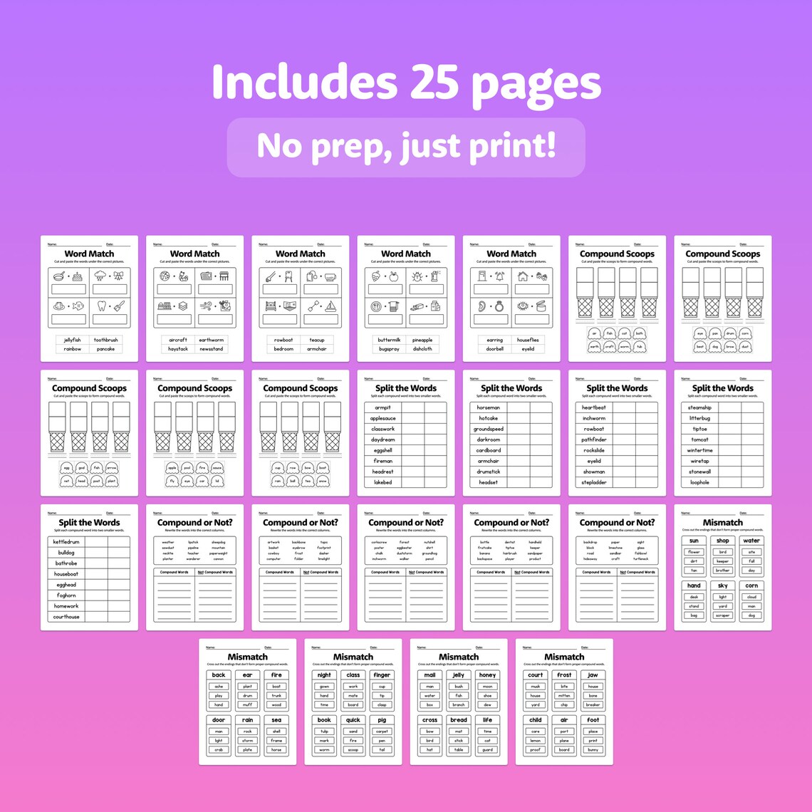 1st & 2nd Grade Compound Words Worksheets Vocabulary and - Etsy