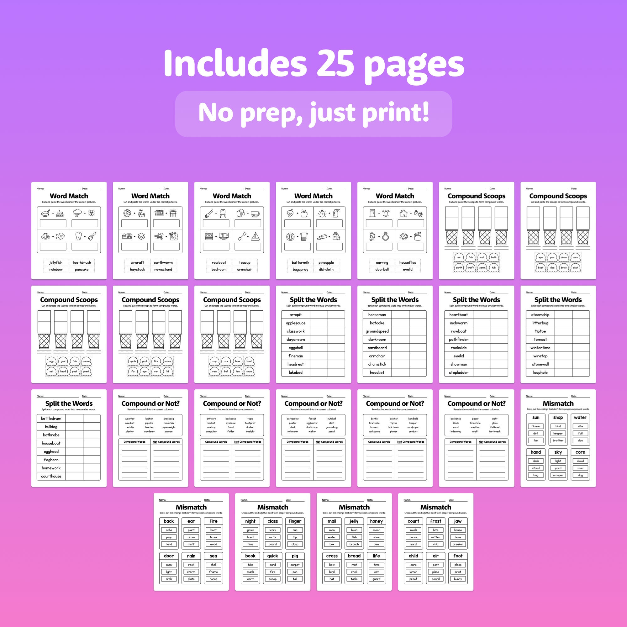 1st & 2nd Grade Compound Words Worksheets Vocabulary and Grammar ...