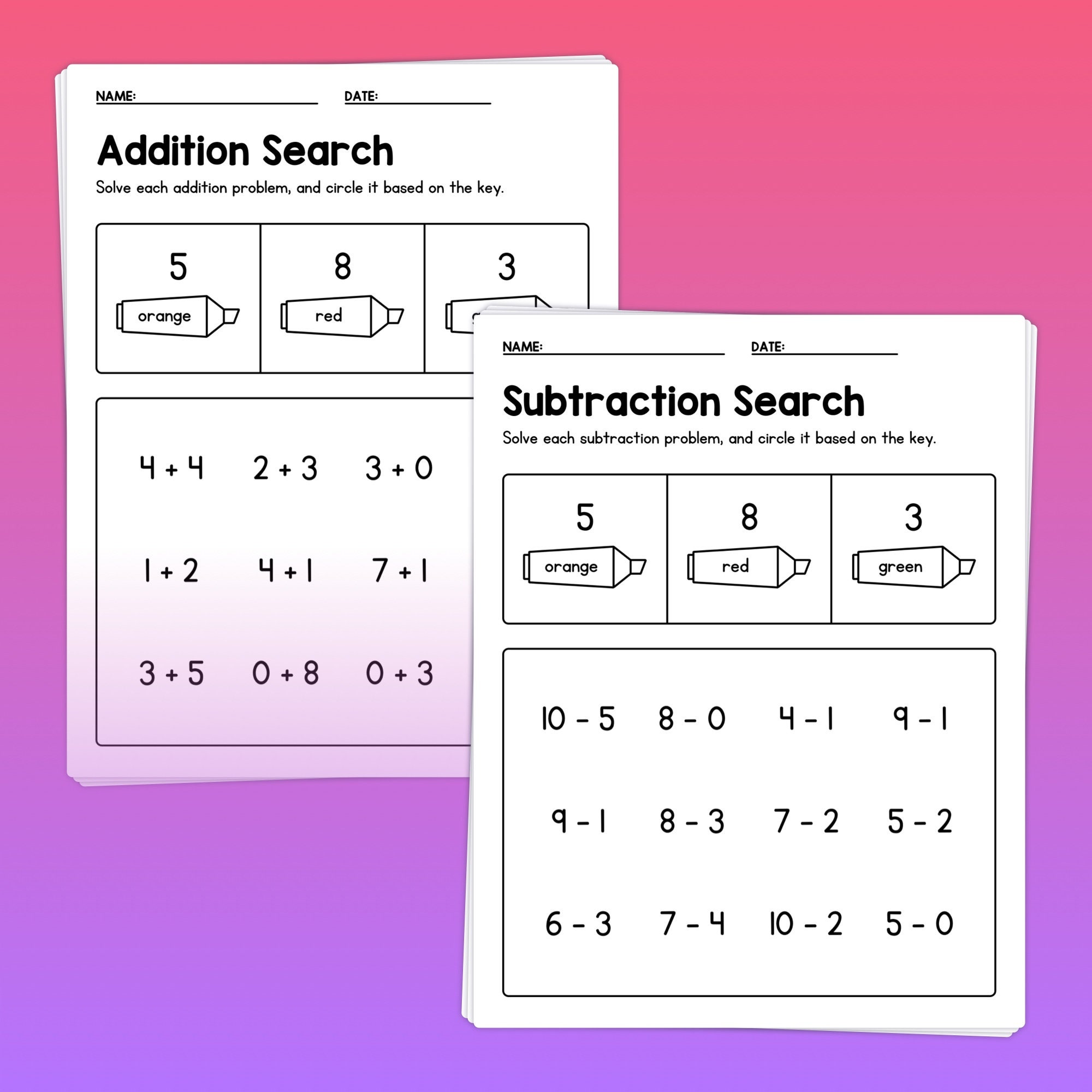No Prep Addition & Subtraction Worksheets | Pre-k, Kindergarten, 1st ...