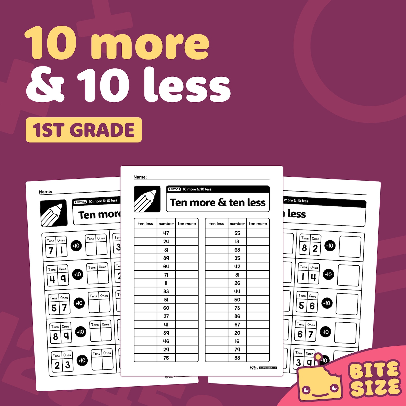 10 More and 10 Less Worksheets | 1st Grade Place Value Math, Mentally ...