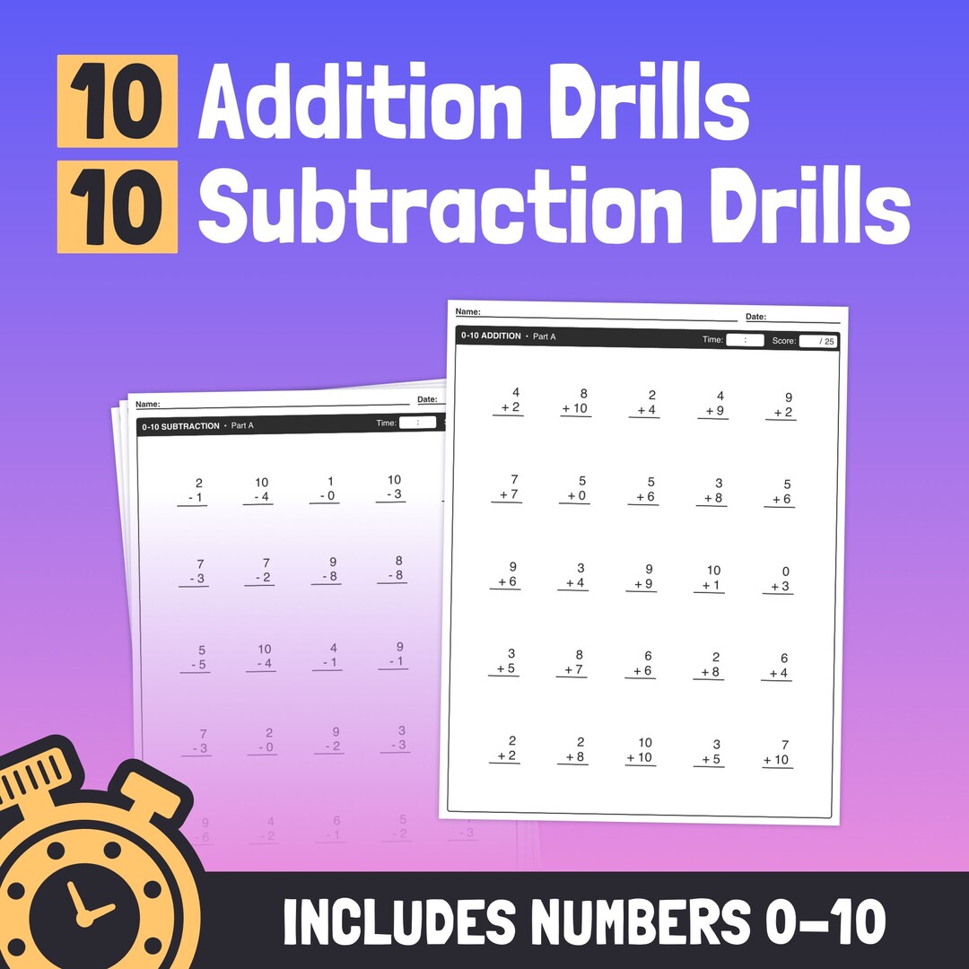 Addition and Subtraction Timed Drills | 0-10 Adding & Subtracting ...
