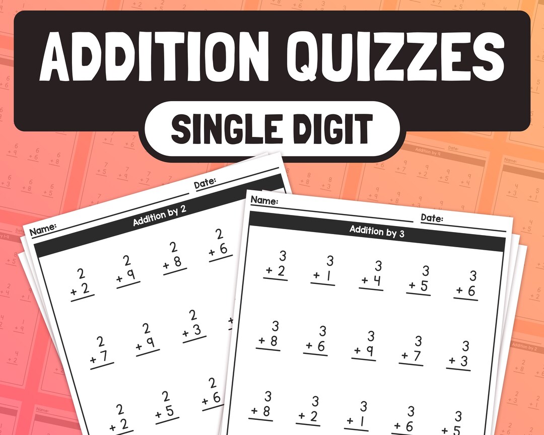 Single Digit Addition Quizzes 1-9 Addition Assessments - Etsy