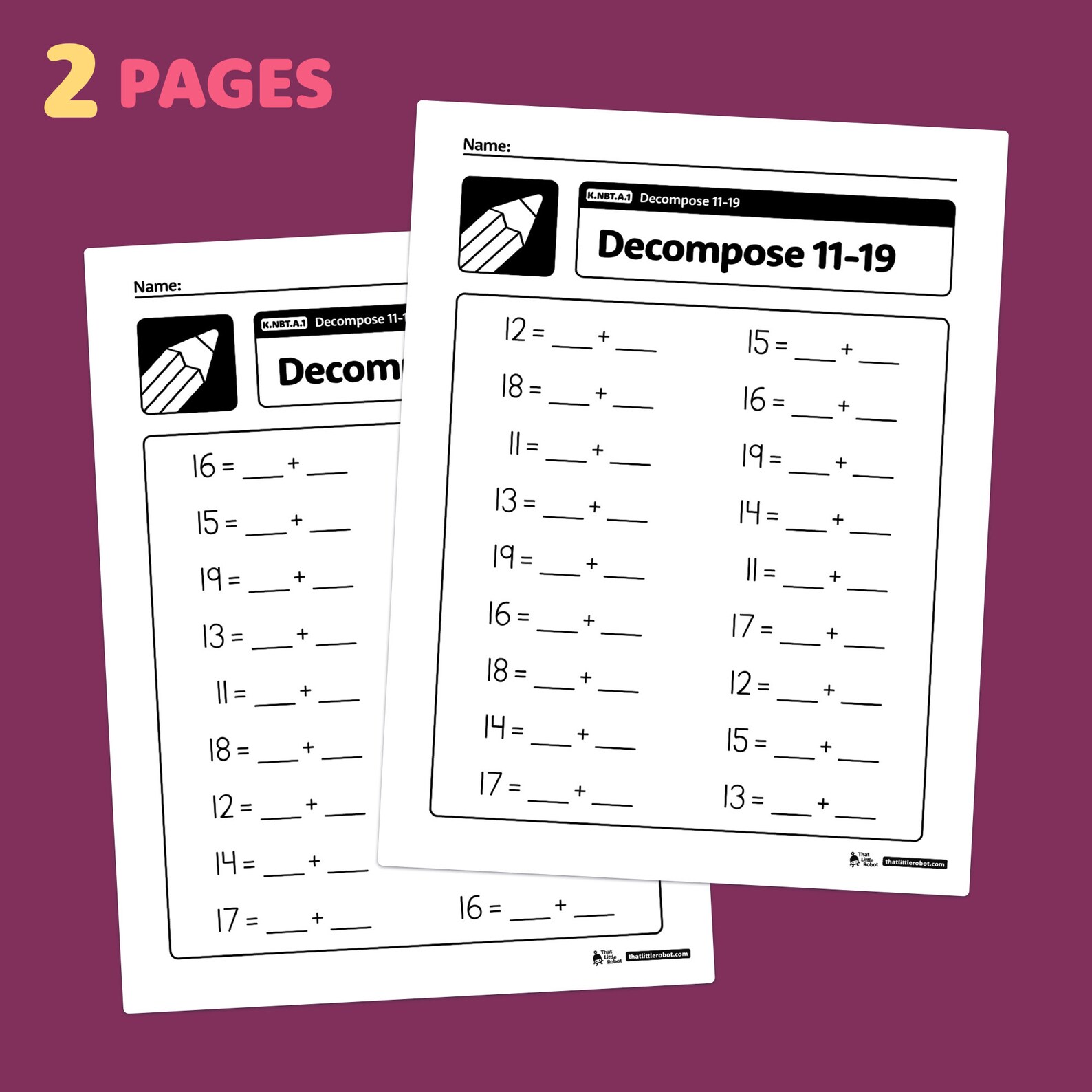 Decompose Numbers 11-19 Worksheets | Kindergarten Math Centers ...
