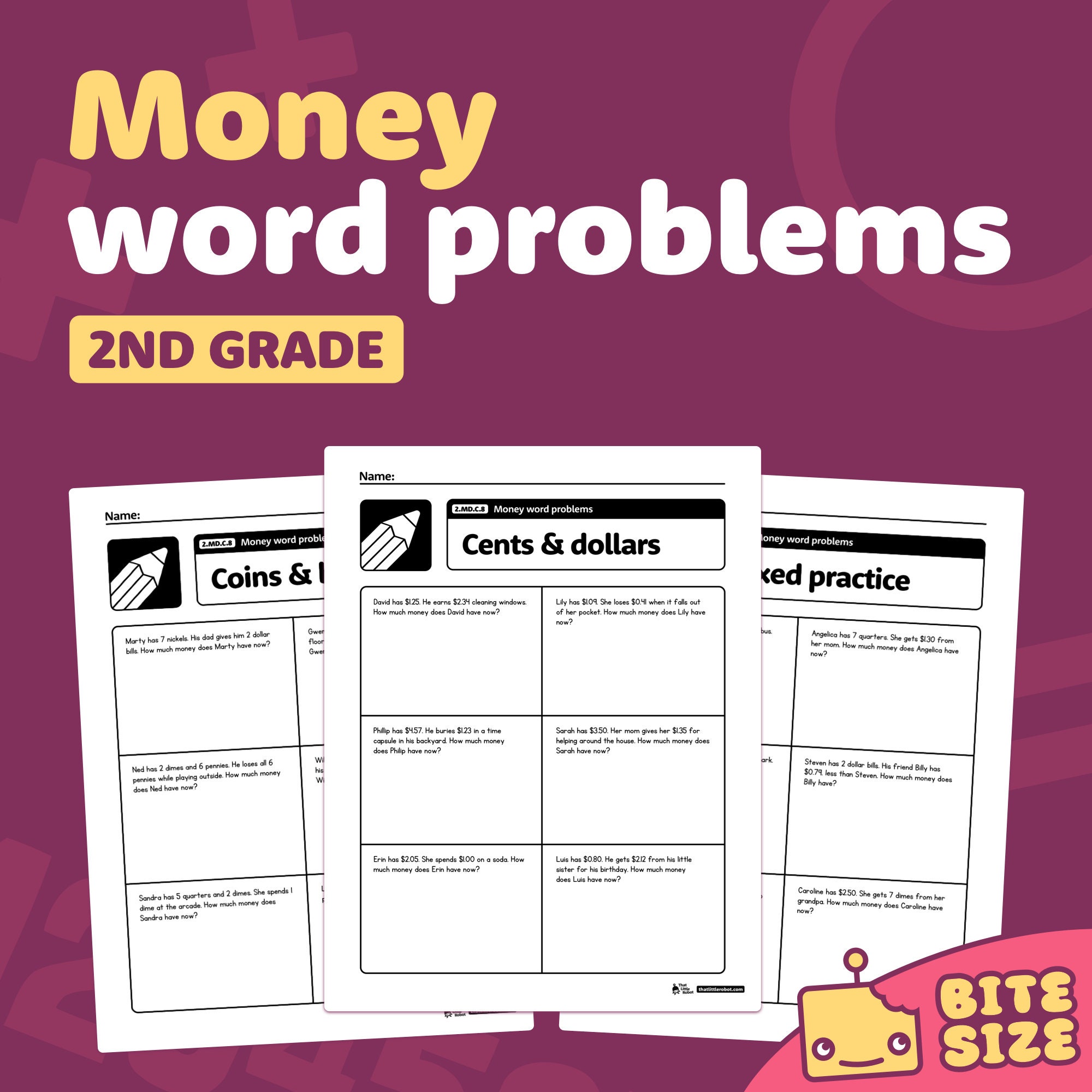 Money Word Problems Worksheets | 2nd Grade Math Centers and Counting ...