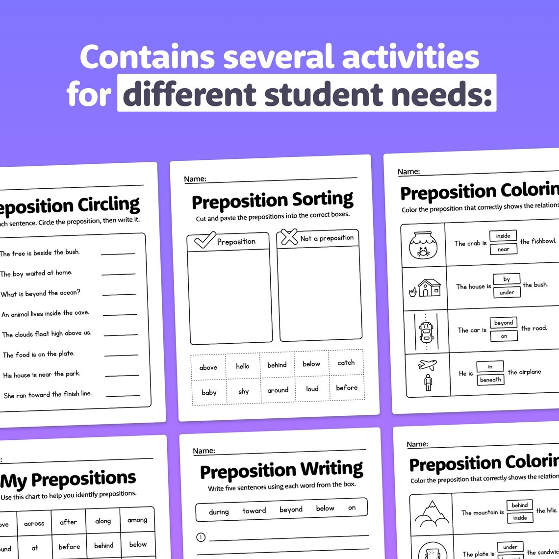Beginner Prepositions Practice 1st & 2nd Grade Preposition Worksheets ...