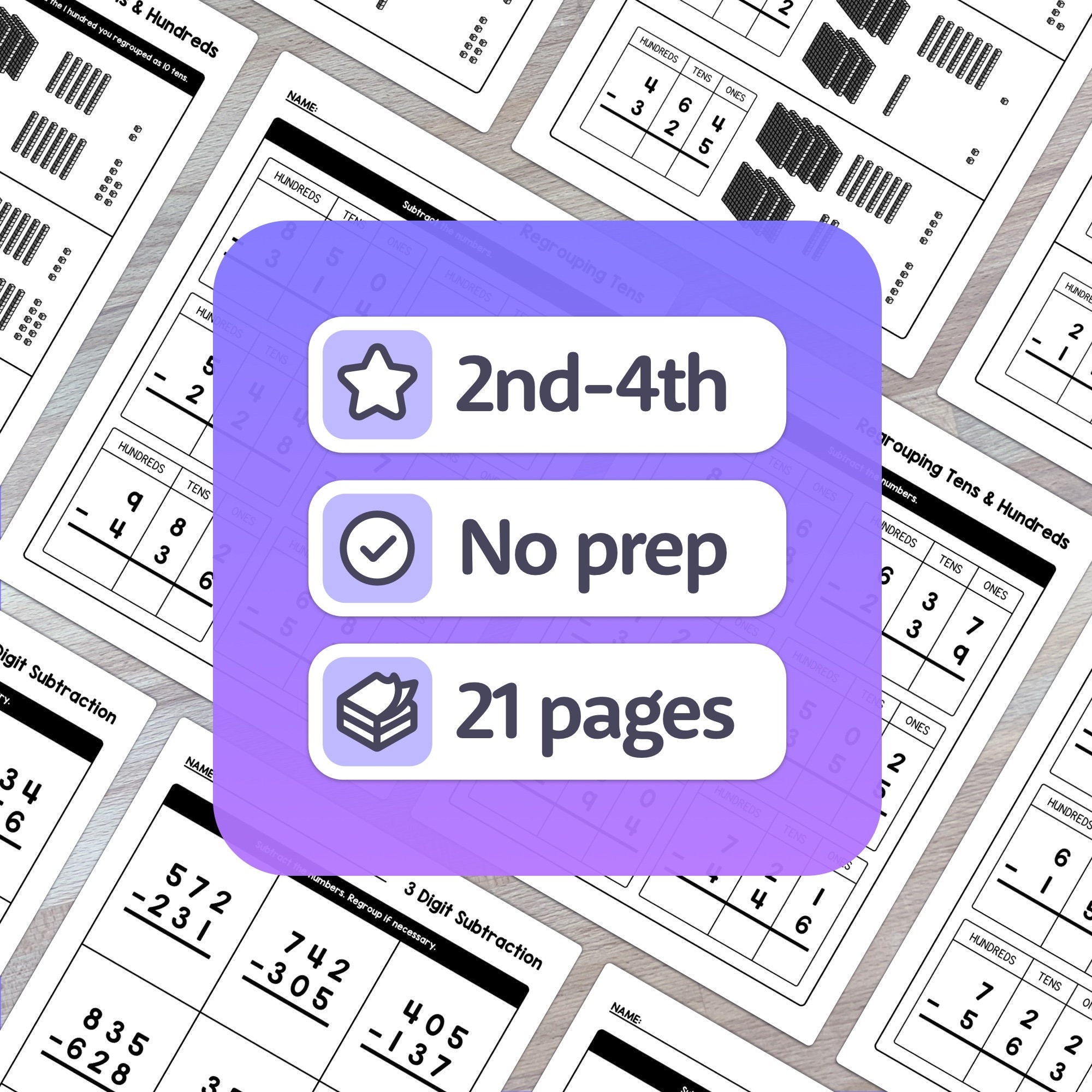 No Prep 3 Digit Subtraction With Regrouping Worksheets | 2nd, 4th, 3rd ...