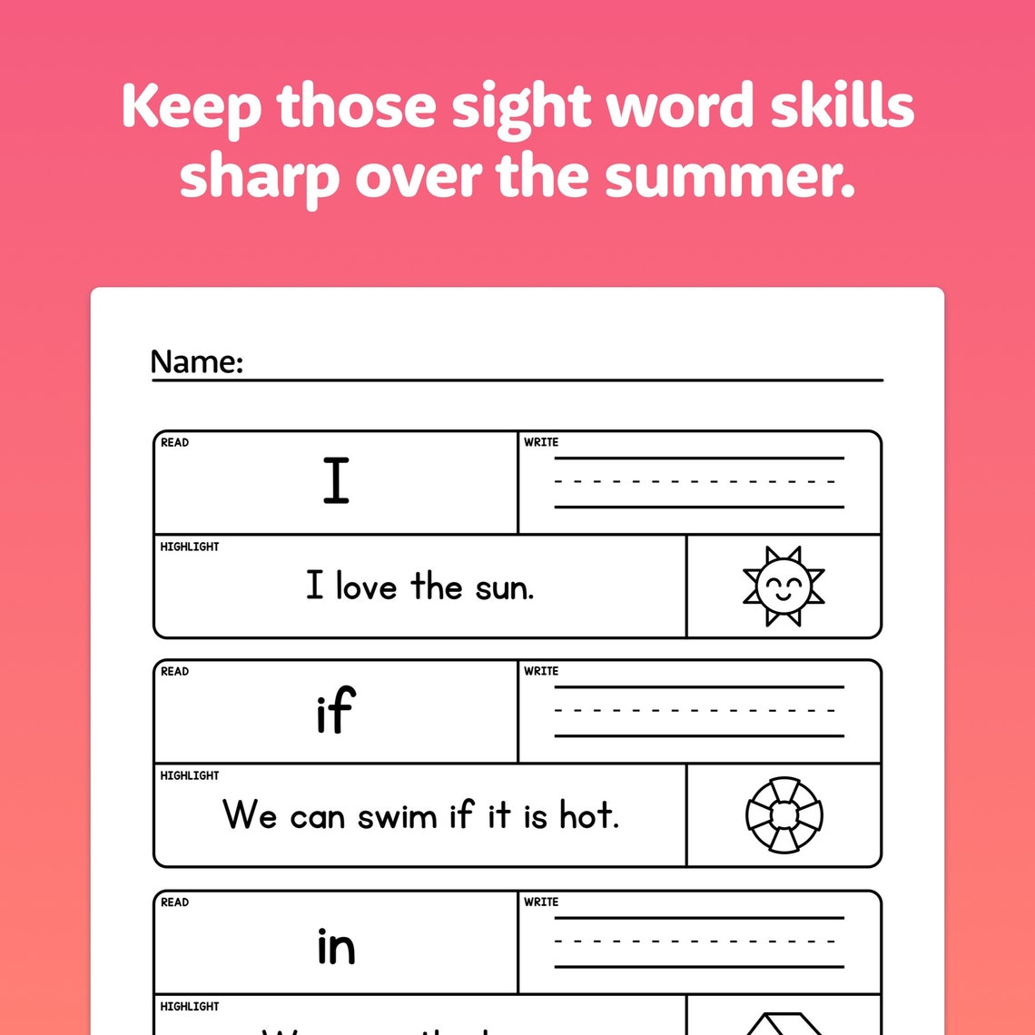 Summer Sight Words Worksheets | Kindergarten & 1st Grade Sight Words ...
