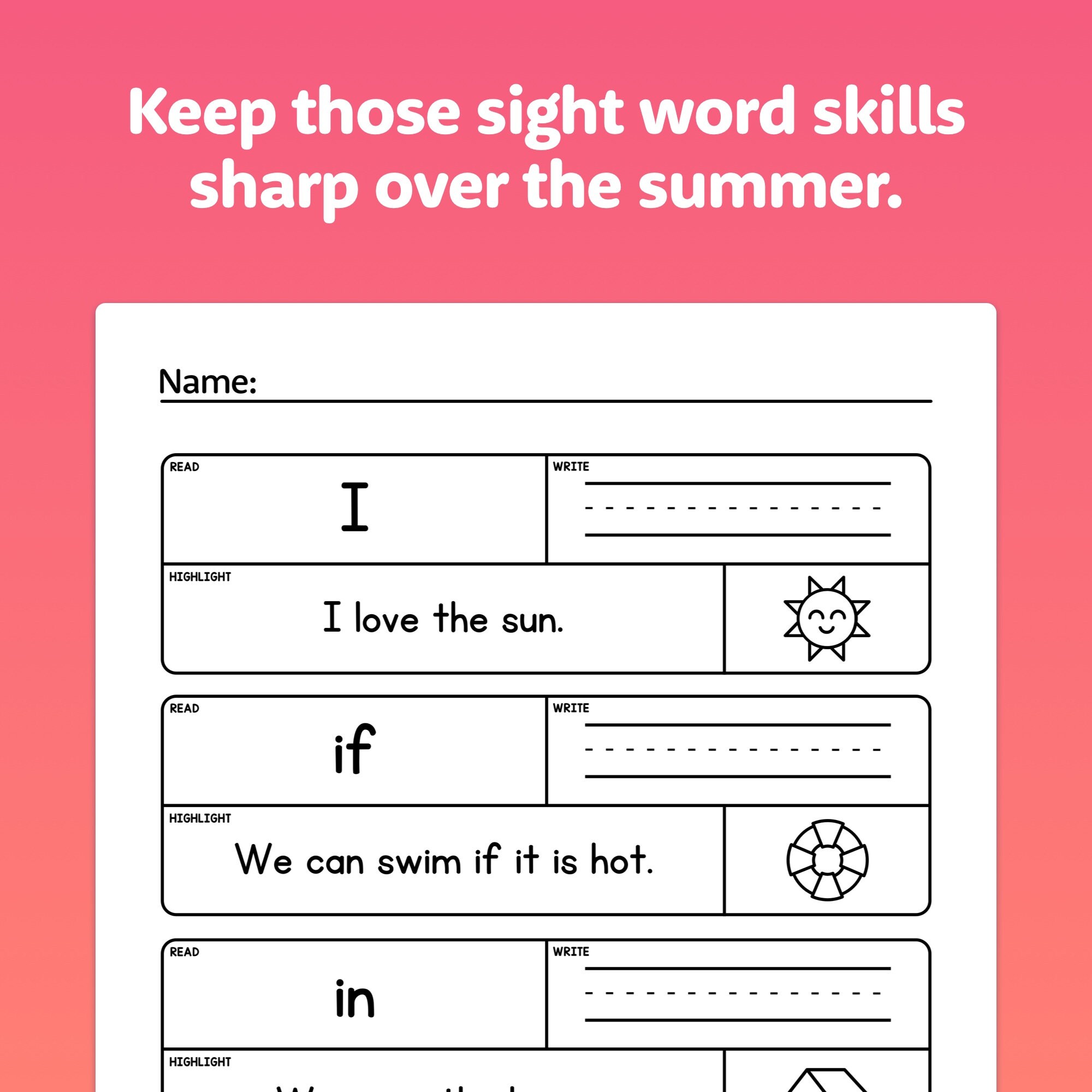Summer Sight Words Worksheets | Kindergarten & 1st Grade Sight Words ...