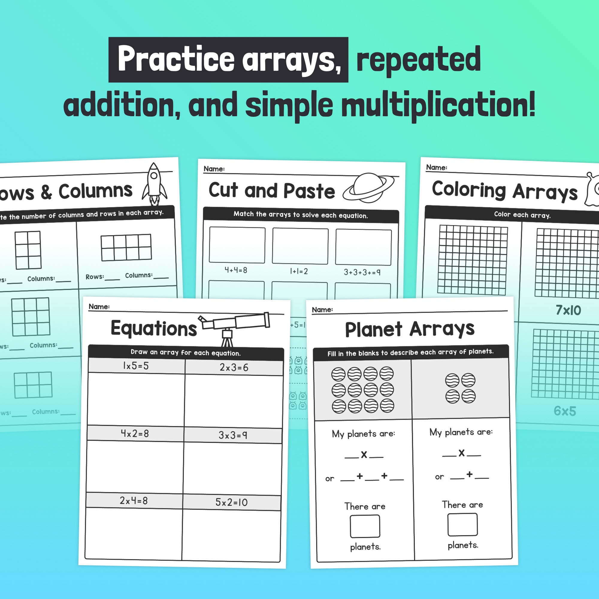 Practice Arrays Worksheets | No Prep Arrays Activity, Space Arrays Unit ...