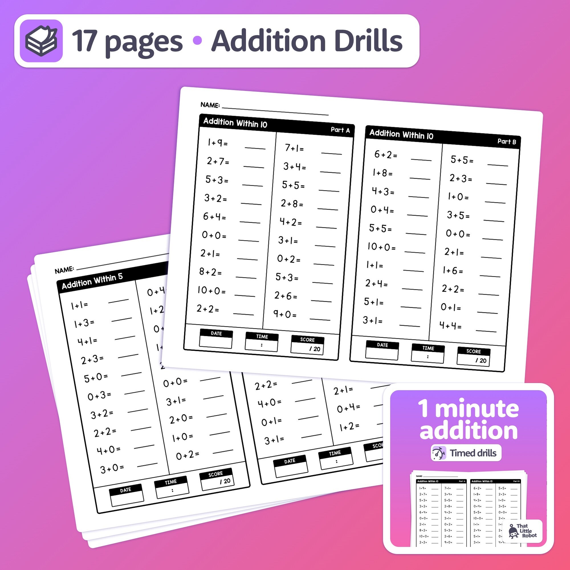 No Prep Addition & Subtraction Bundle Kindergarten, 1st, 2nd Grade ...