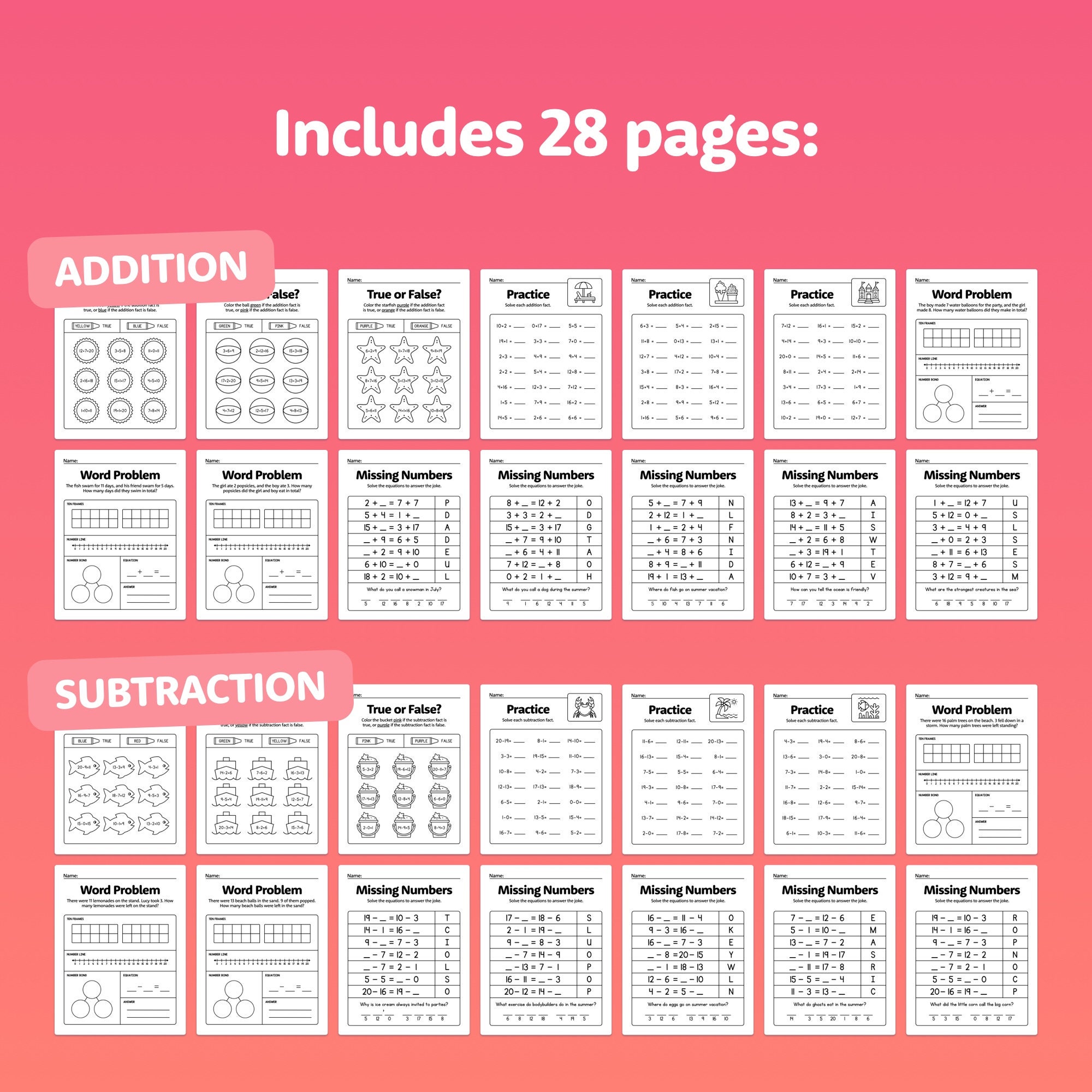 Summer Addition & Subtraction Within 20 Worksheets | Fun 1st Grade ...