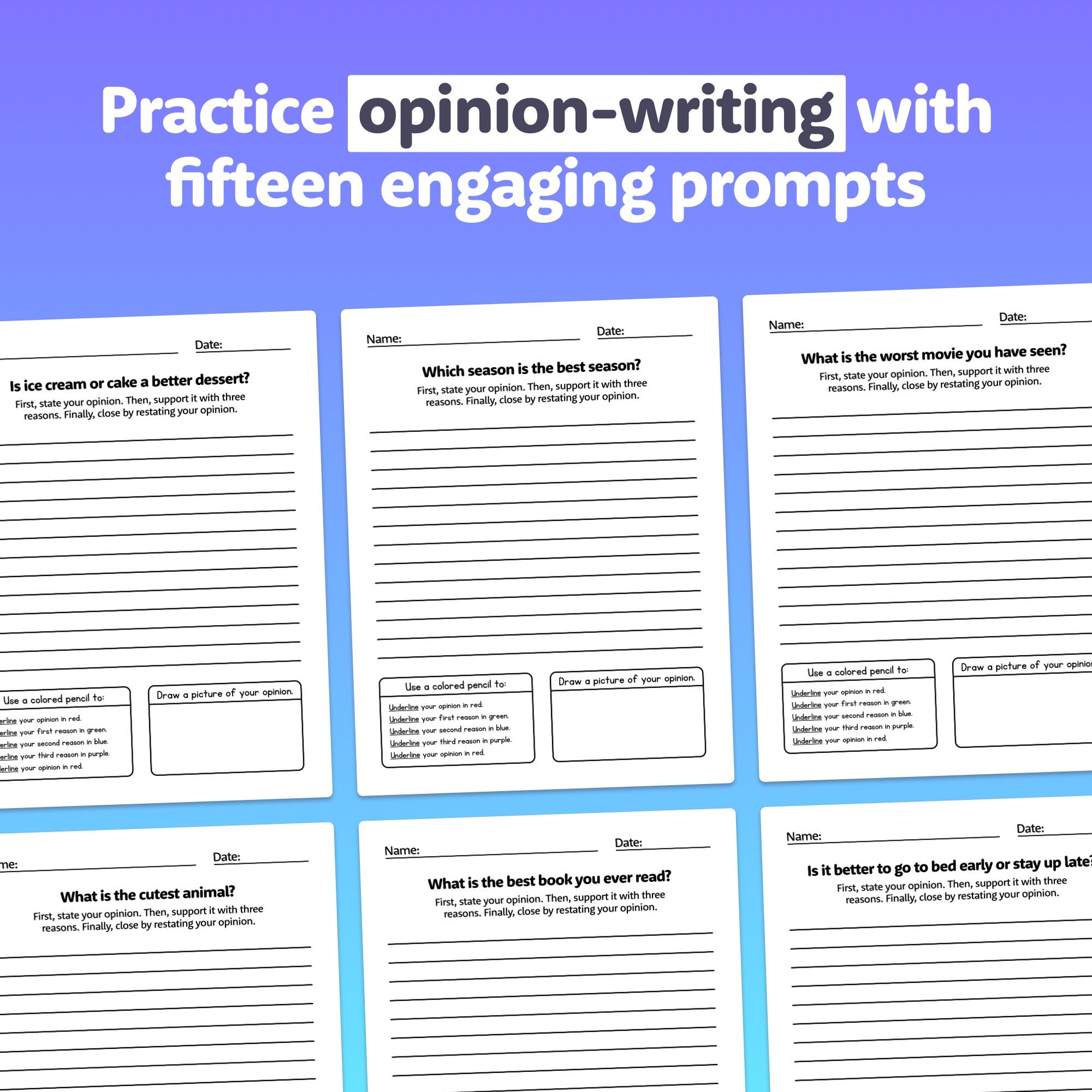 No Prep Opinion Writing Prompts | 2nd Grade Opinion Writing Activity ...