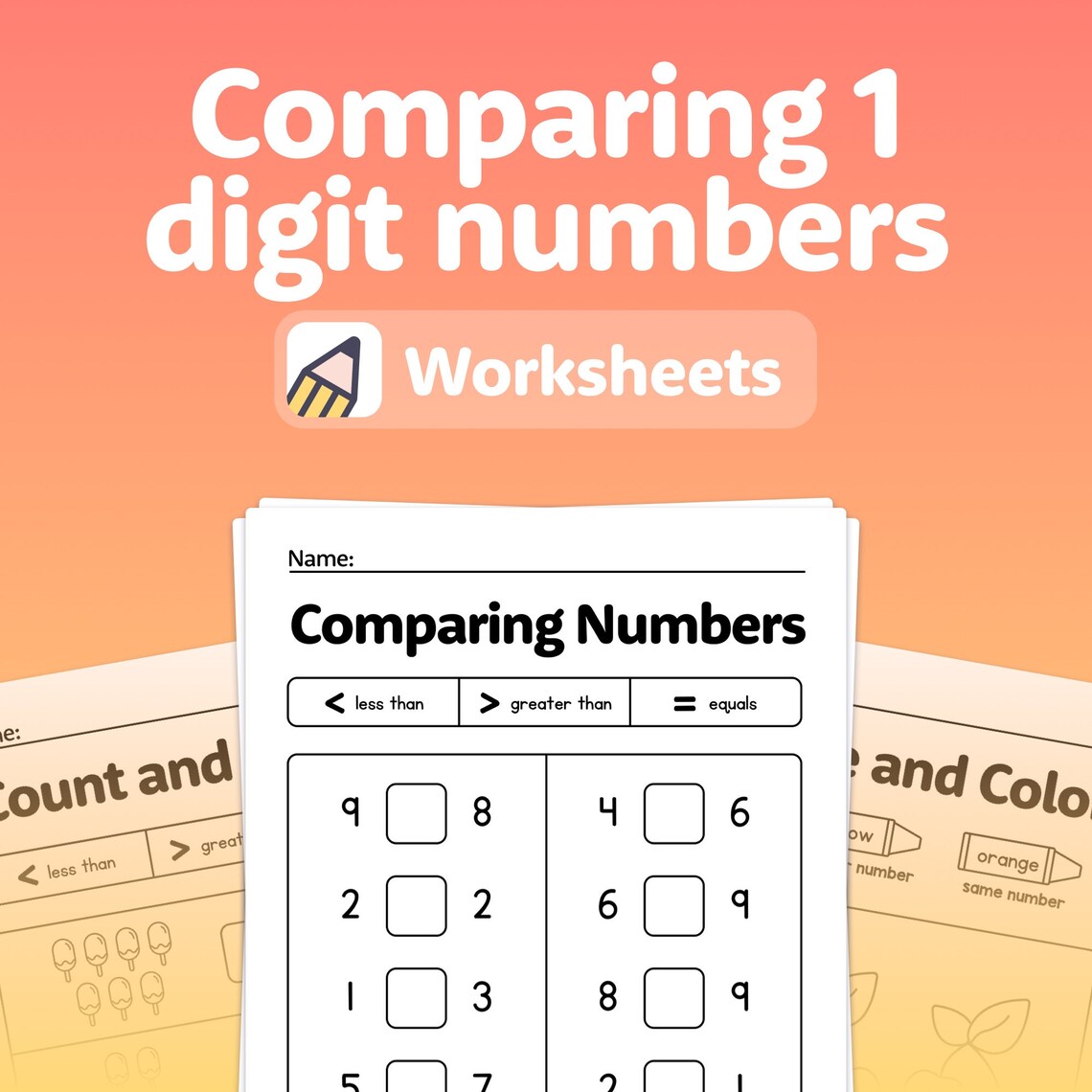 Comparing 1 Digit Numbers Worksheets Greater Than, Less Than, Equals ...