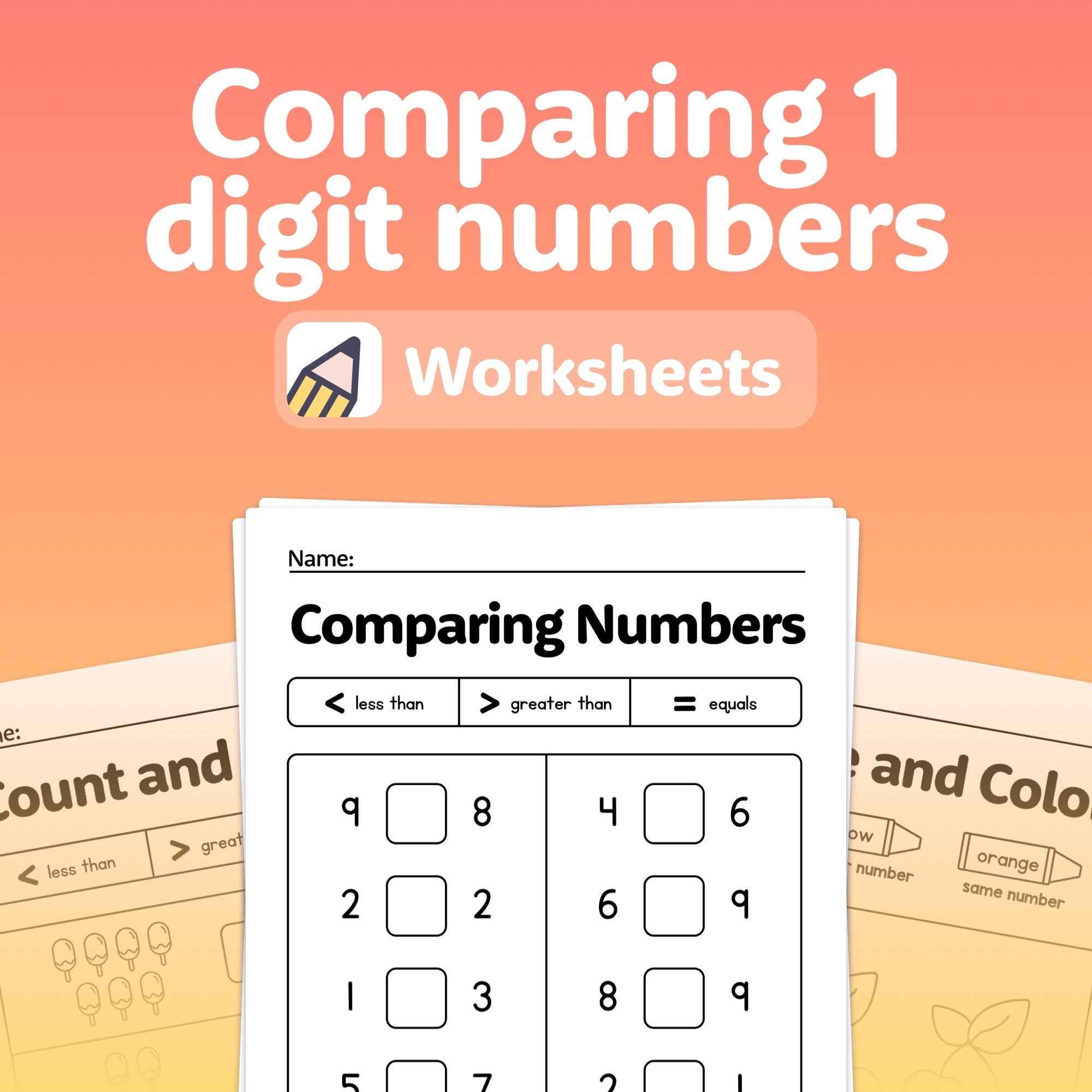 Comparing 1 Digit Numbers Worksheets | Greater Than, Less Than, Equals ...