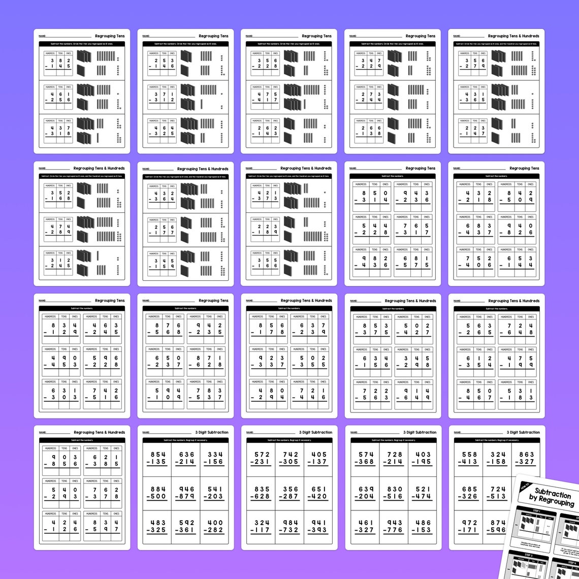 No Prep 3 Digit Subtraction With Regrouping Worksheets 2nd, 4th, 3rd ...