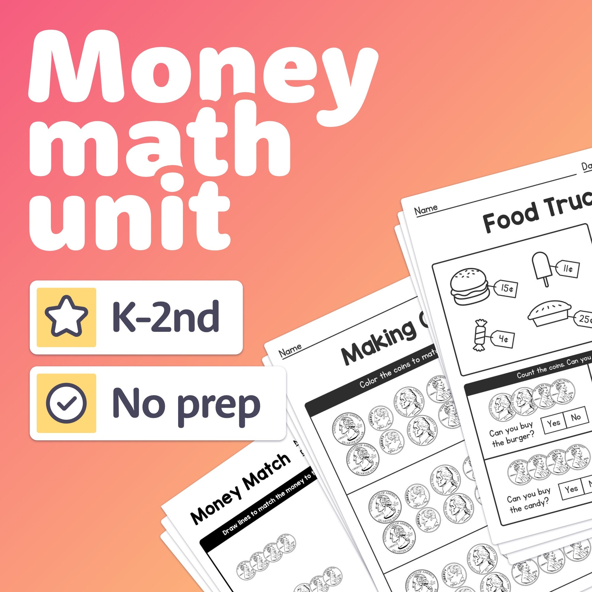 No Prep Money Math Unit | Kindergarten, 1st, 2nd Grade US Coin ...