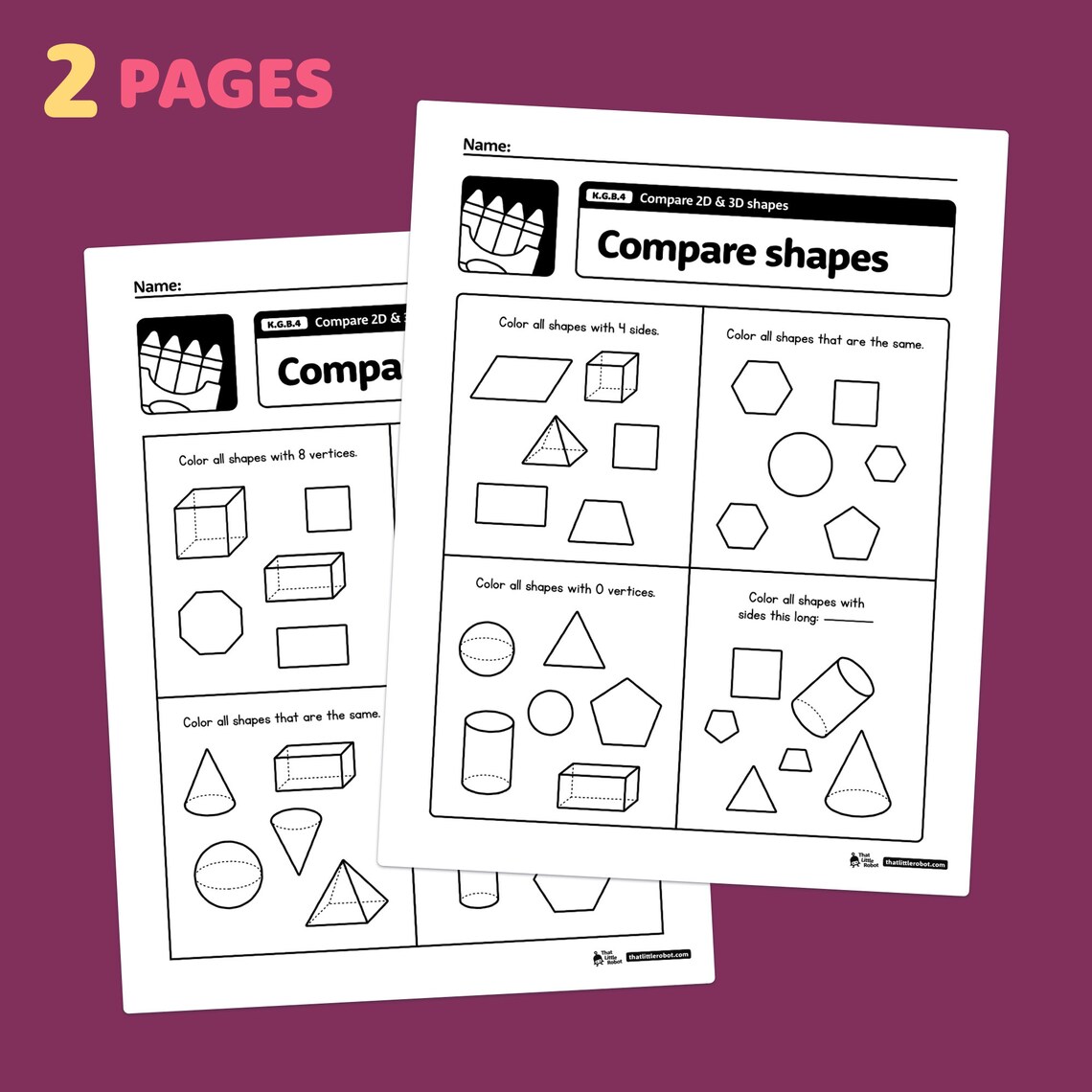 Compare 2d & 3d Shapes Worksheets | Kindergarten Shape Attribute ...