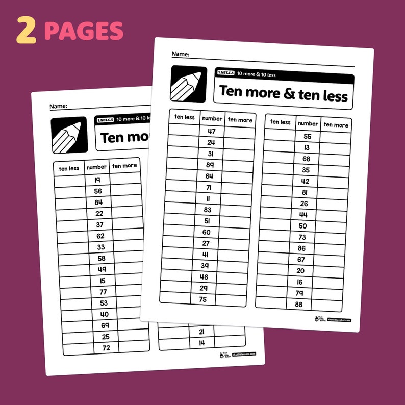 10 More and 10 Less Worksheets | 1st Grade Place Value Math, Mentally ...