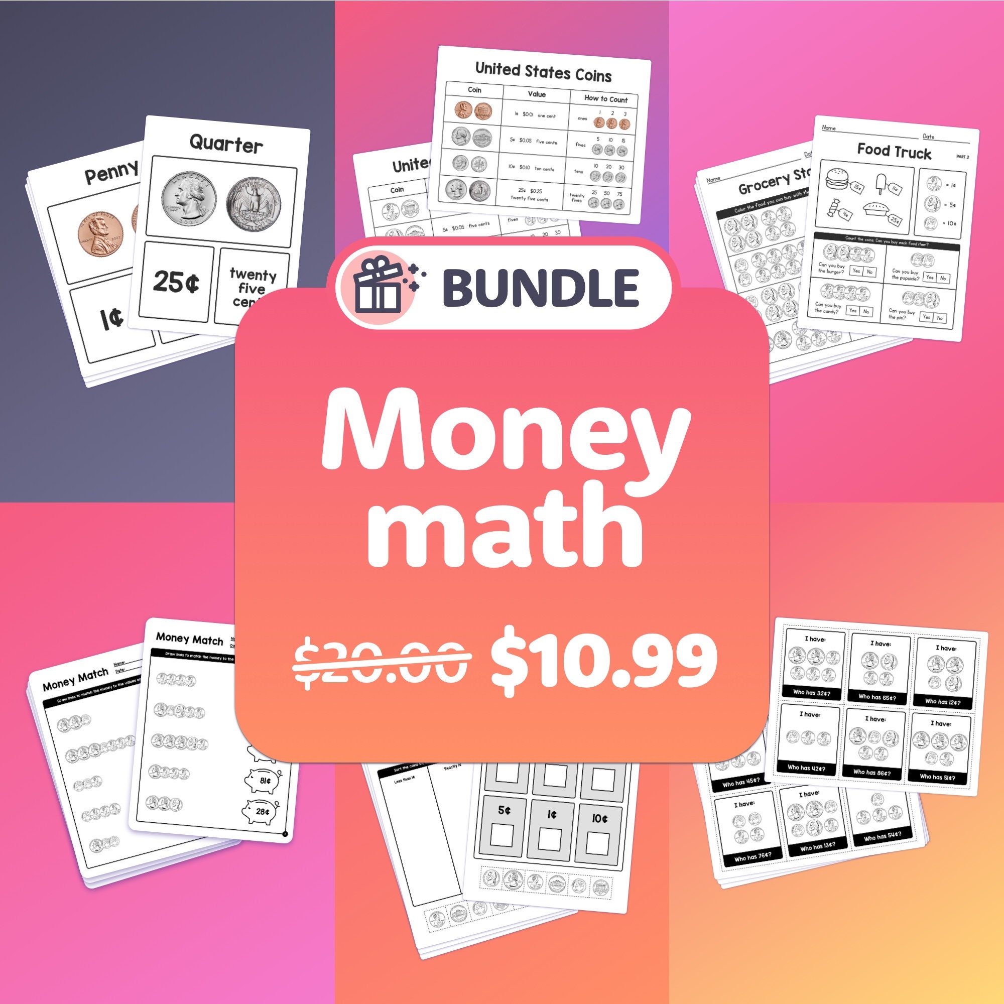 Money Math Bundle | Kindergarten, 1st, 2nd Grade US Coin Worksheets ...