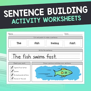 Sentence Building Printable | Kindergarten & 1st Grade Cut and Paste ...