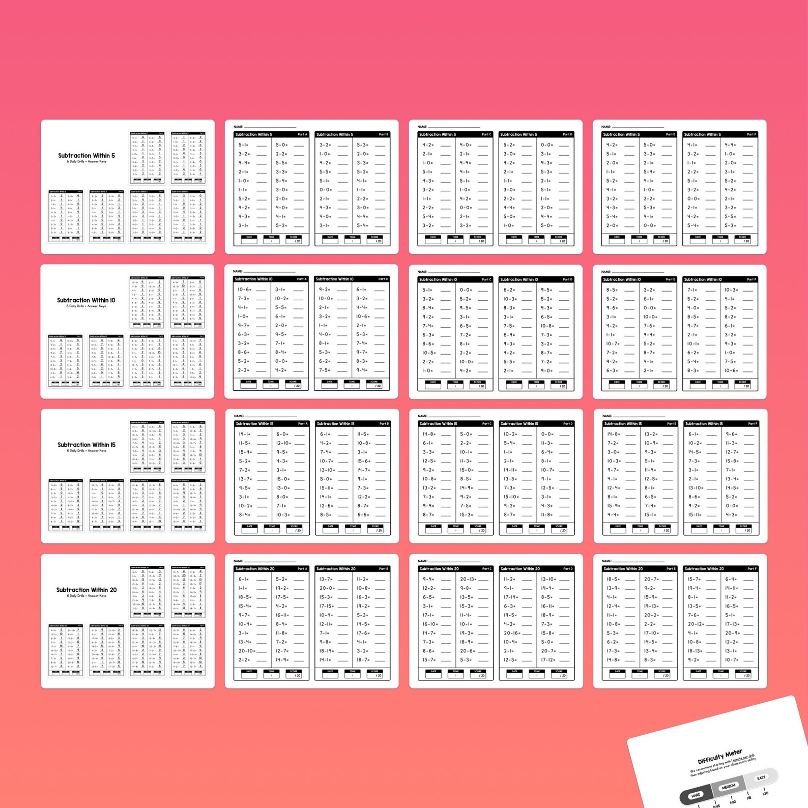 No Prep 1 Minute Subtraction Drills | Kindergarten, 1st, 2nd Grade Math ...