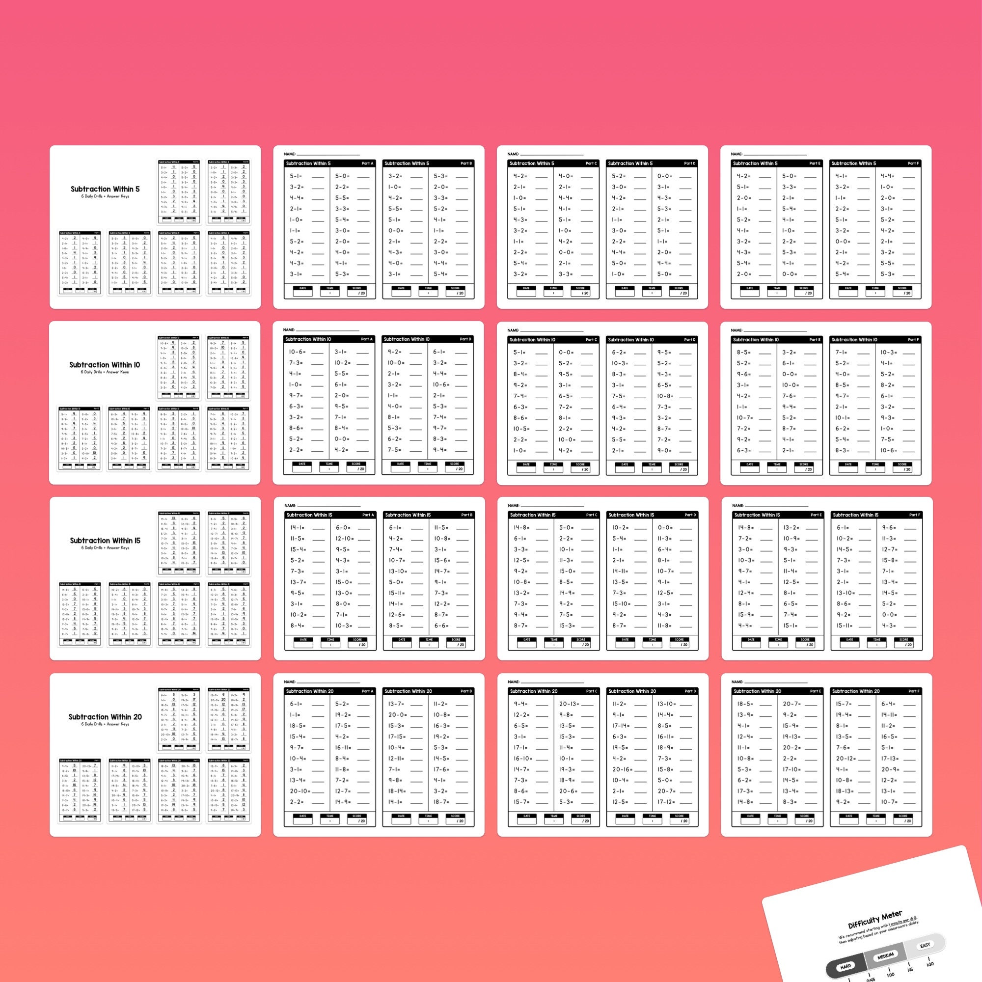 No Prep 1 Minute Subtraction Drills | Kindergarten, 1st, 2nd Grade Math ...